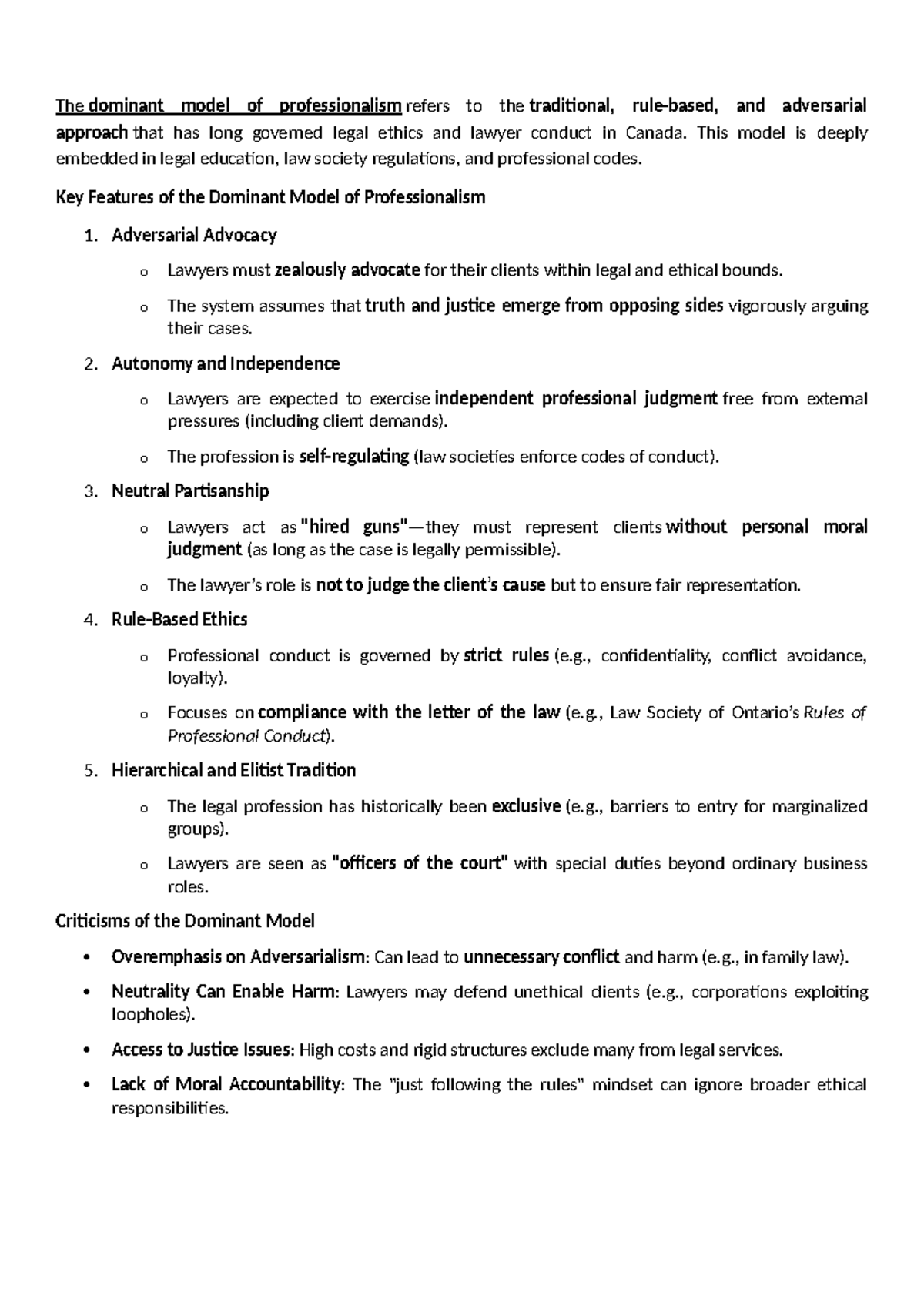 The Dominant Model of Professionalism in Legal Ethics (PR 101) - Studocu