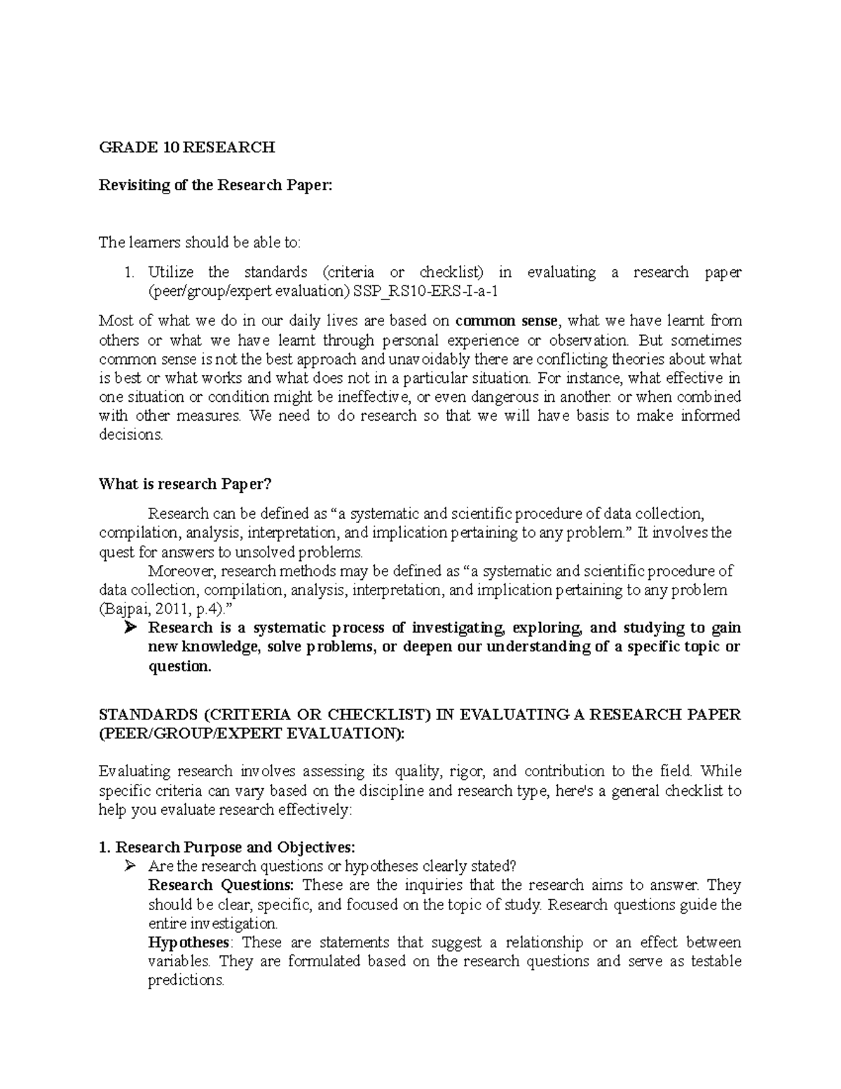 Grade 10 Research Paper Evaluation Standards - WEEK 1 Guide - Studocu