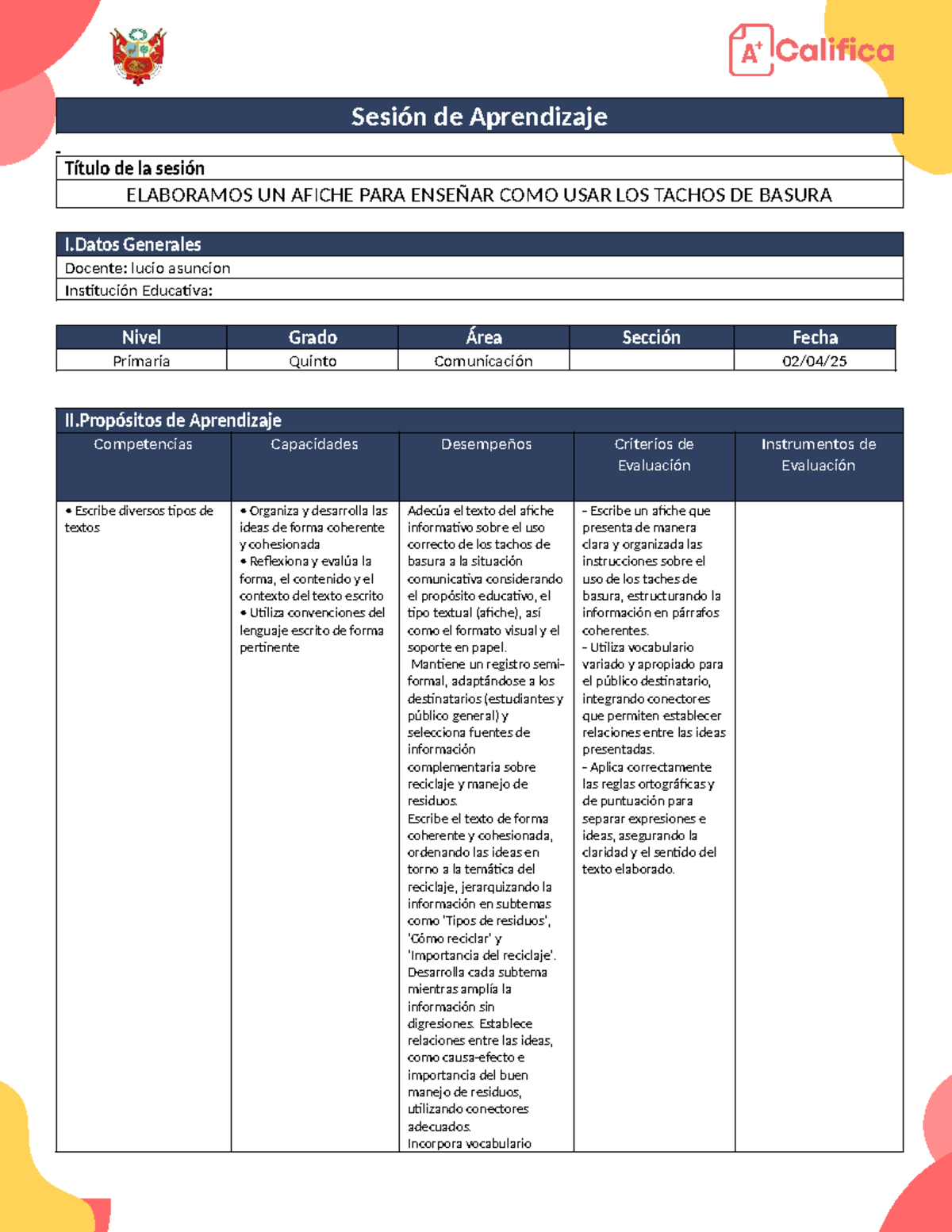 Elaboramos UN Afiche - Sesión de Aprendizaje Título de la sesión ELABORAMOS UN AFICHE PARA ...