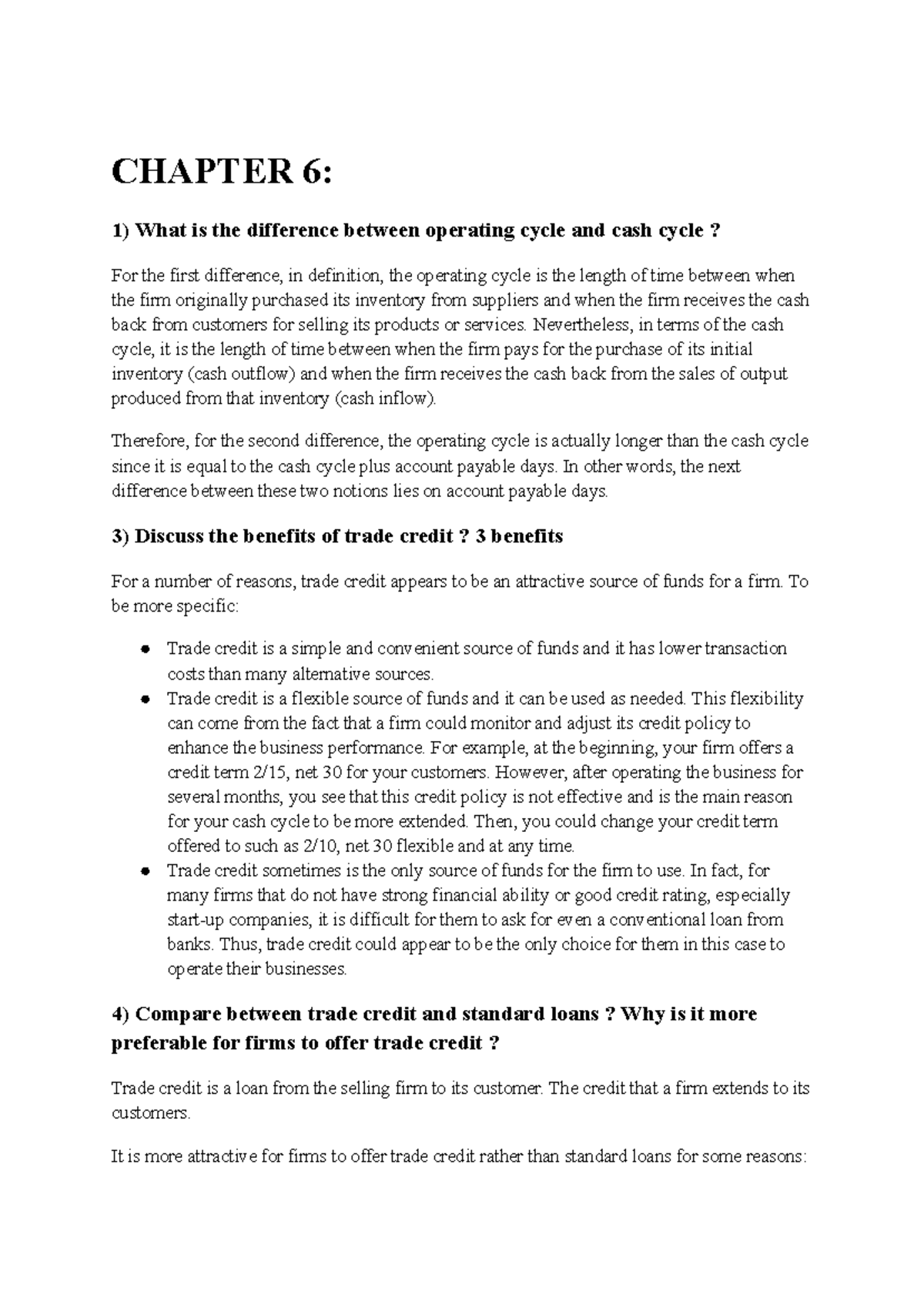 CHAPTER 6 & 7: Operating Cycle vs Cash Cycle & Trade Credit Benefits ...