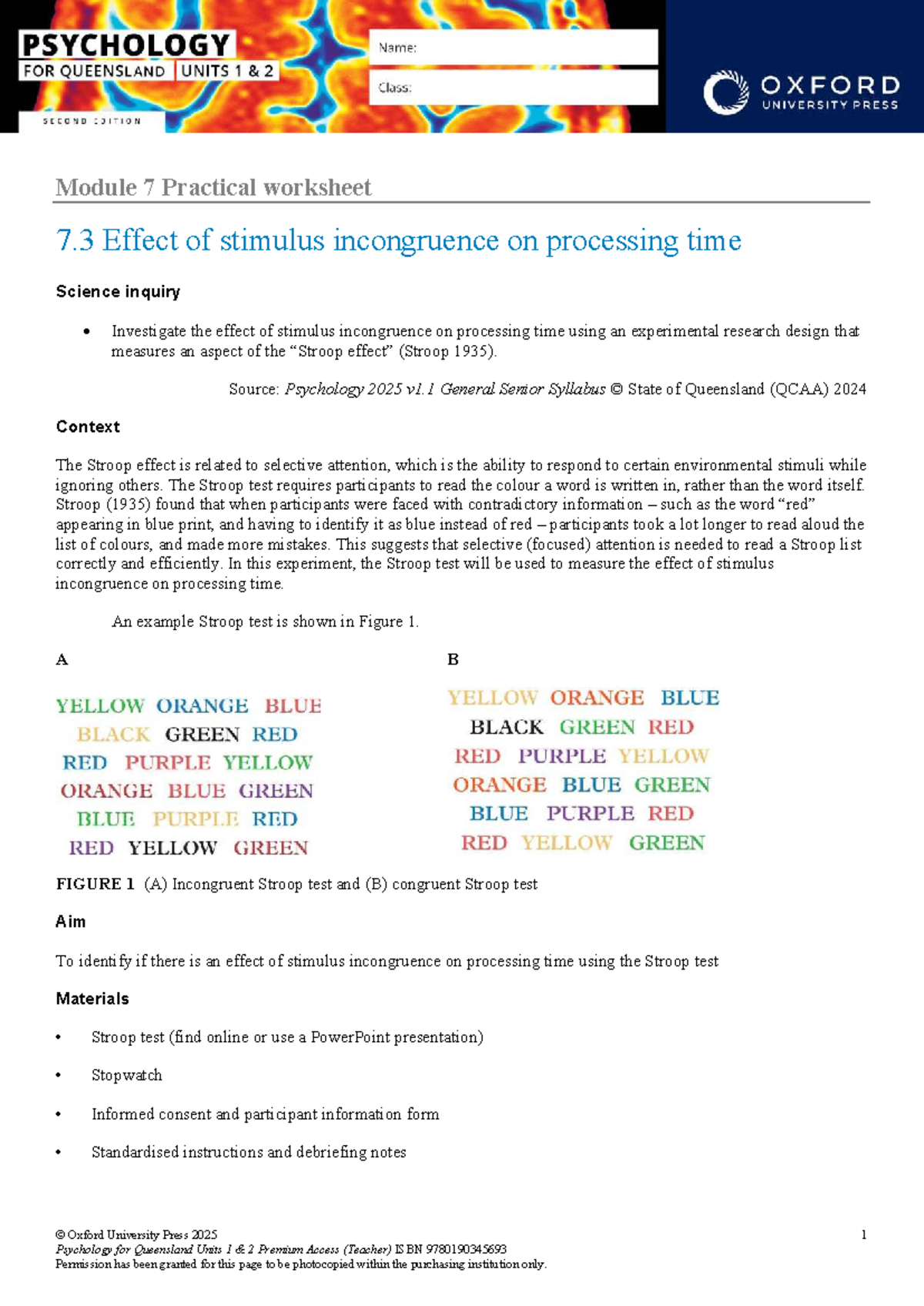 Psychology U12 QCE Practical Worksheet: Stroop Effect on Processing ...