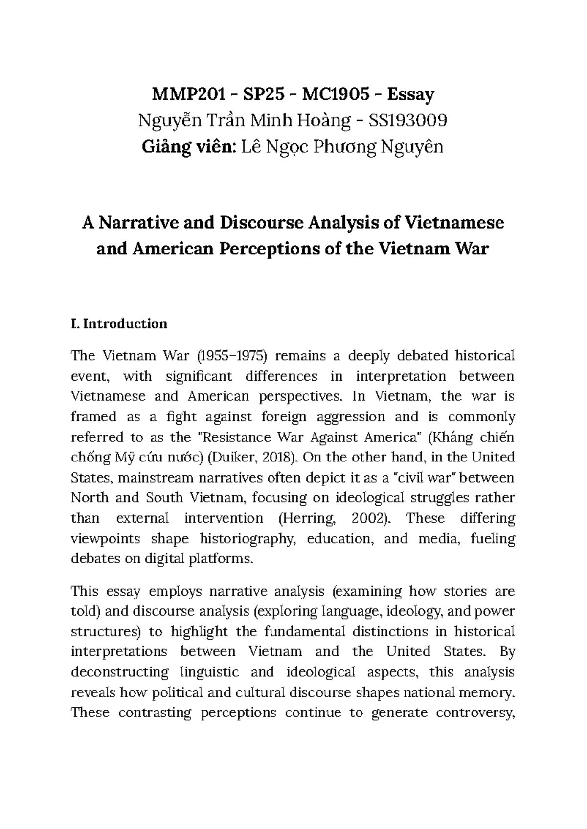 MMP201 - SP25 - Essay: Analyzing Vietnamese and American War Narratives ...