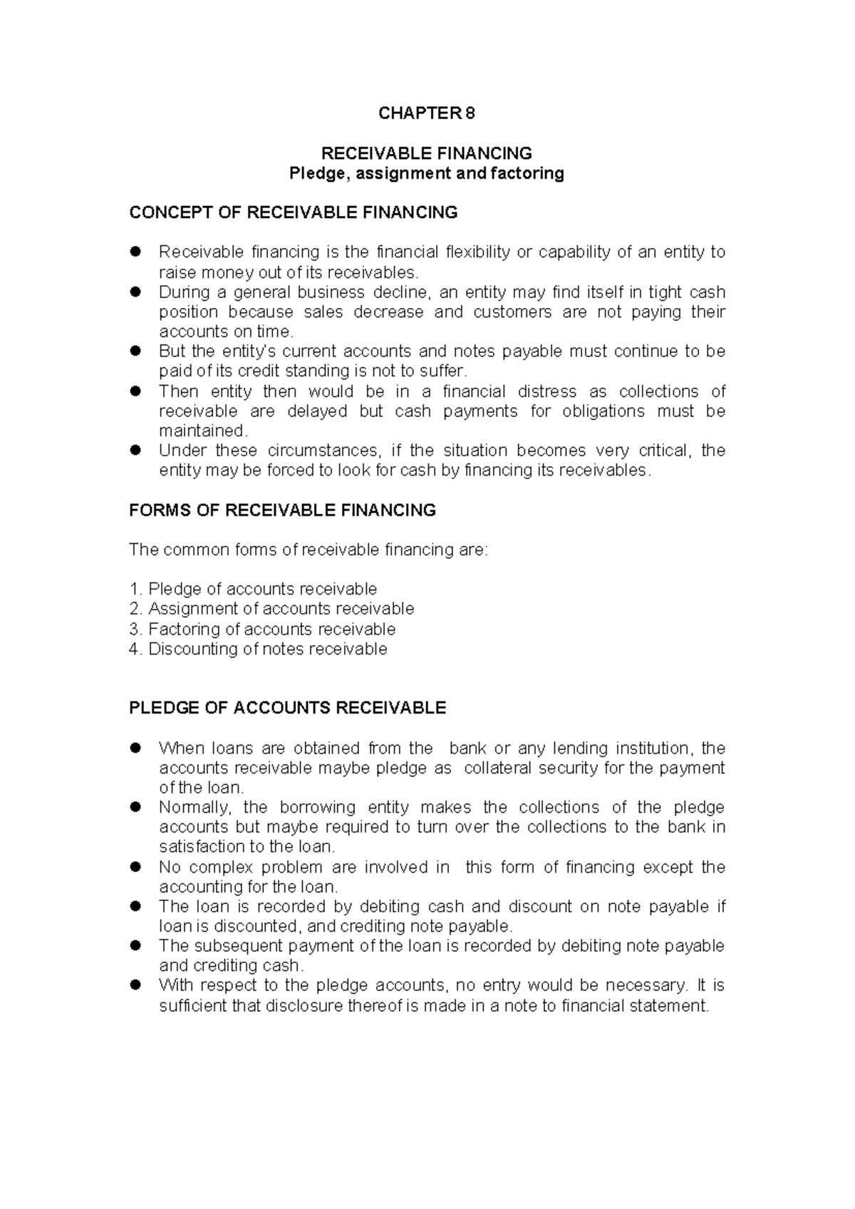 Chapter 8 Receivable Financing - CHAPTER 8 RECEIVABLE FINANCING Pledge ...