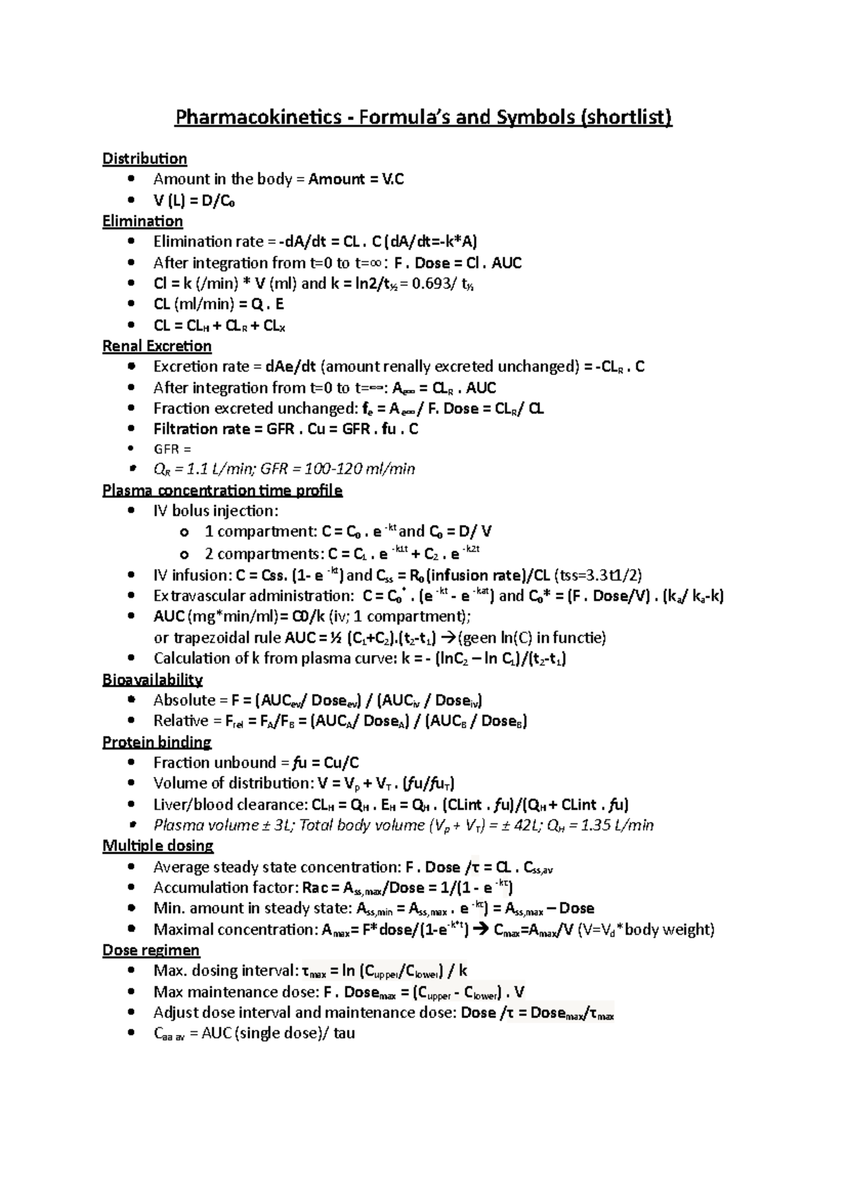 Overview PK formula's and symbols - Pharmacokinetics - Formula’s and ...