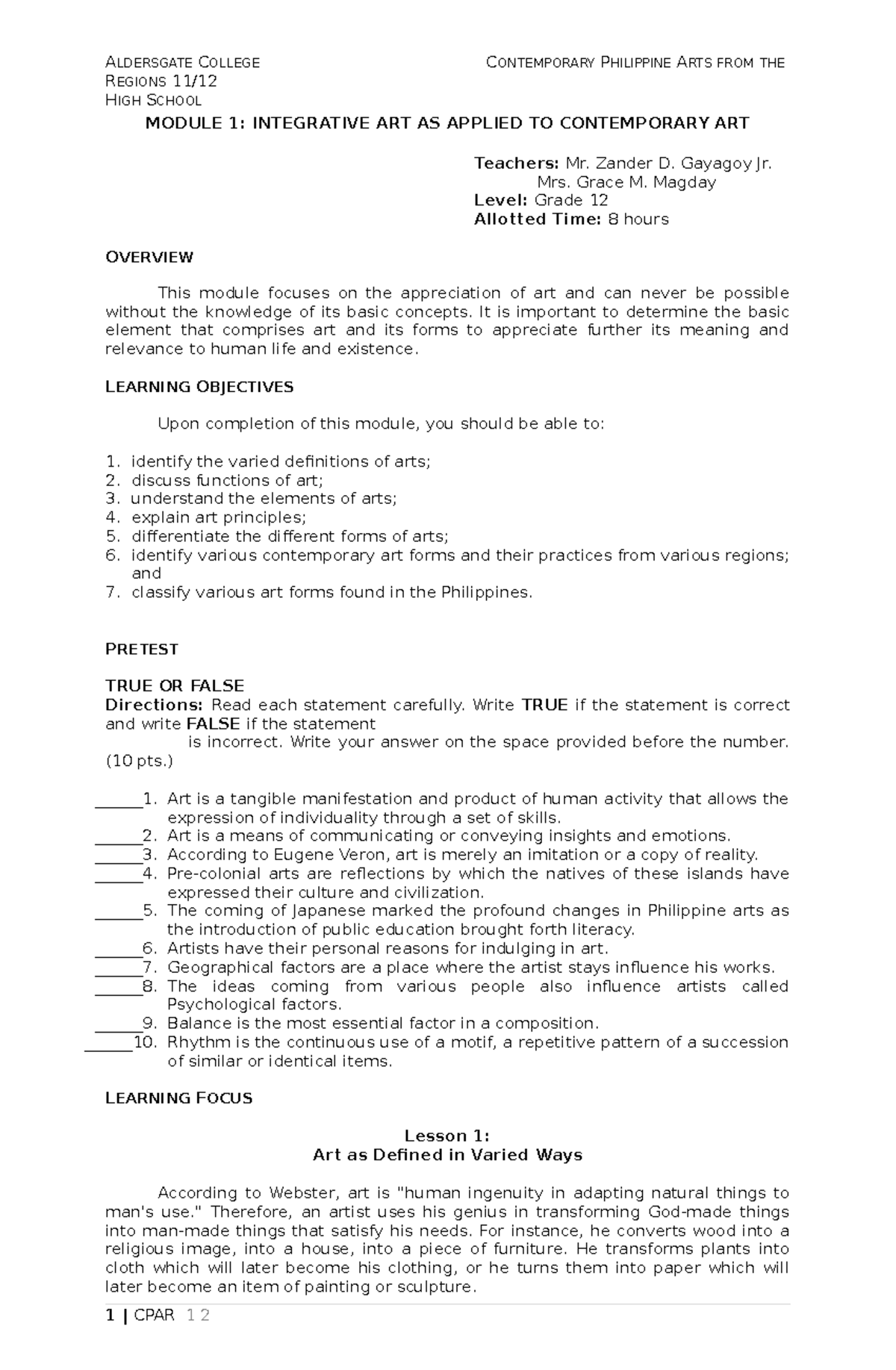 Module 1 Integrative Art as Applied to Contemporary Art - REGIONS 11 ...