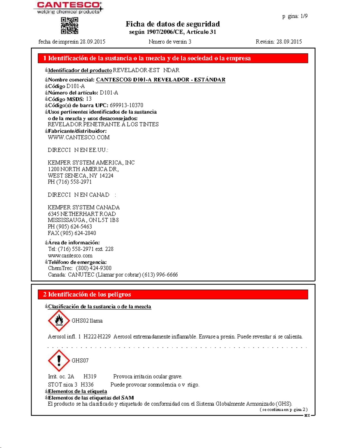 MSDS 41.0: Ficha de Seguridad para Revelador Estándar (Versión 3) - Studocu