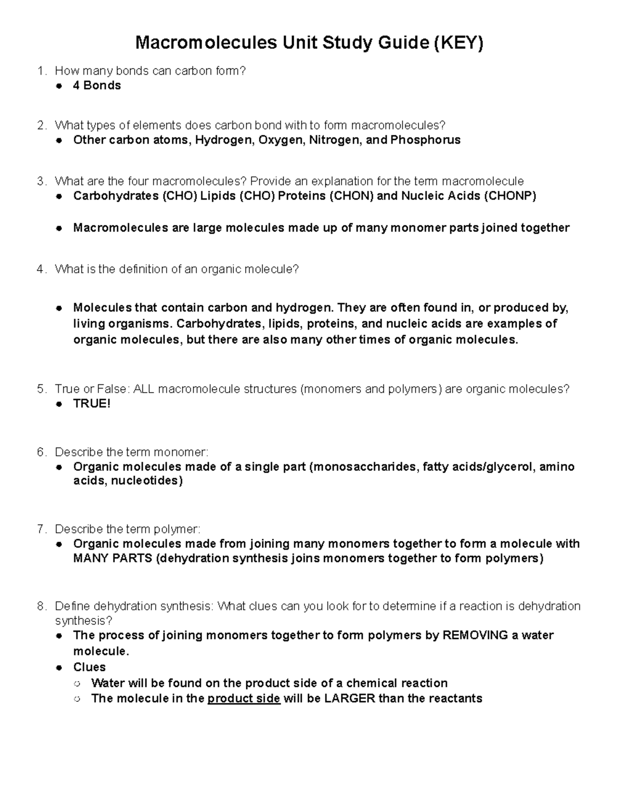 Macromolecules Study Guide (KEY) for Biology 101 Final Exam - Studocu