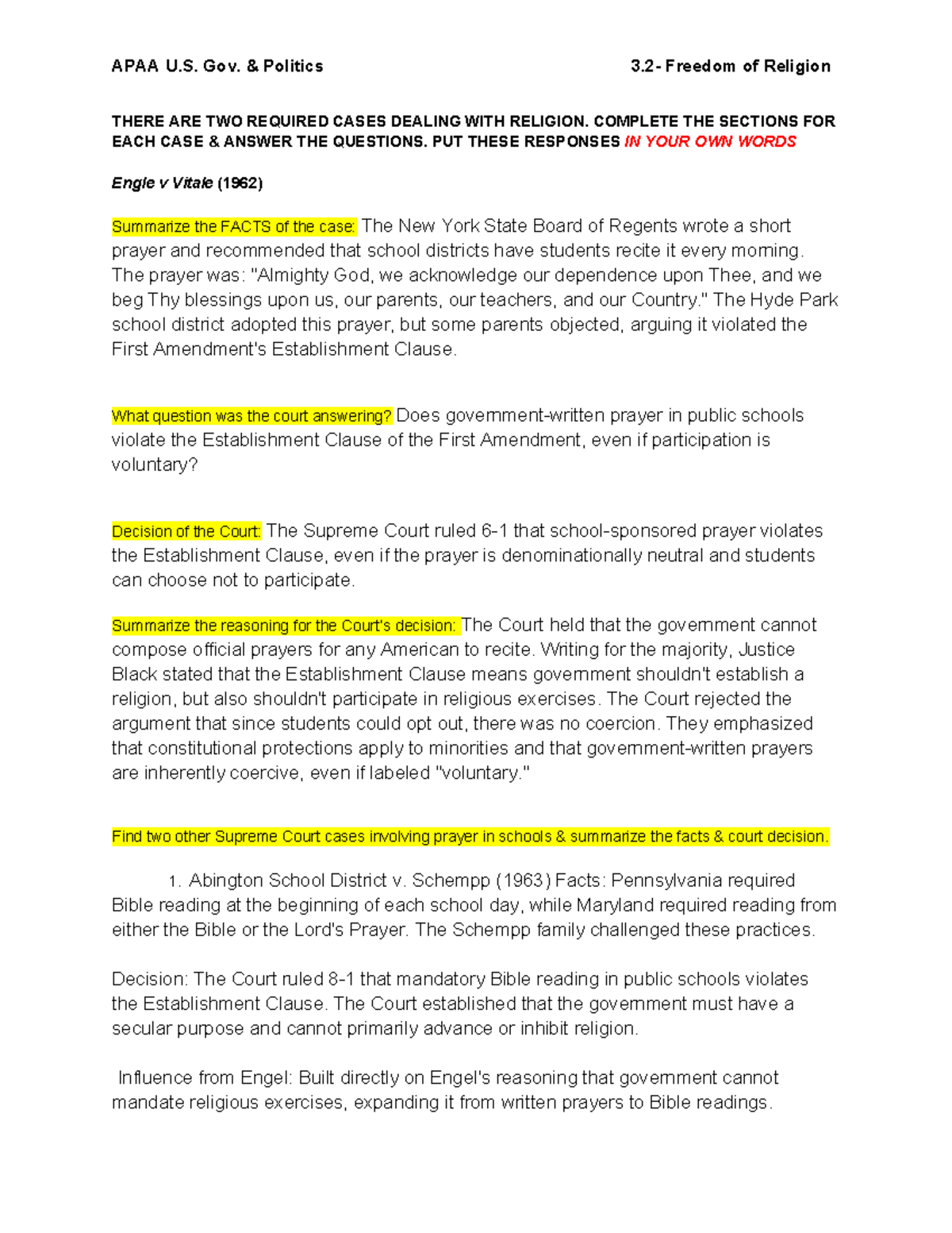 APAA U.S. Gov. Politics Final Exam Case Summaries on Freedom of ...