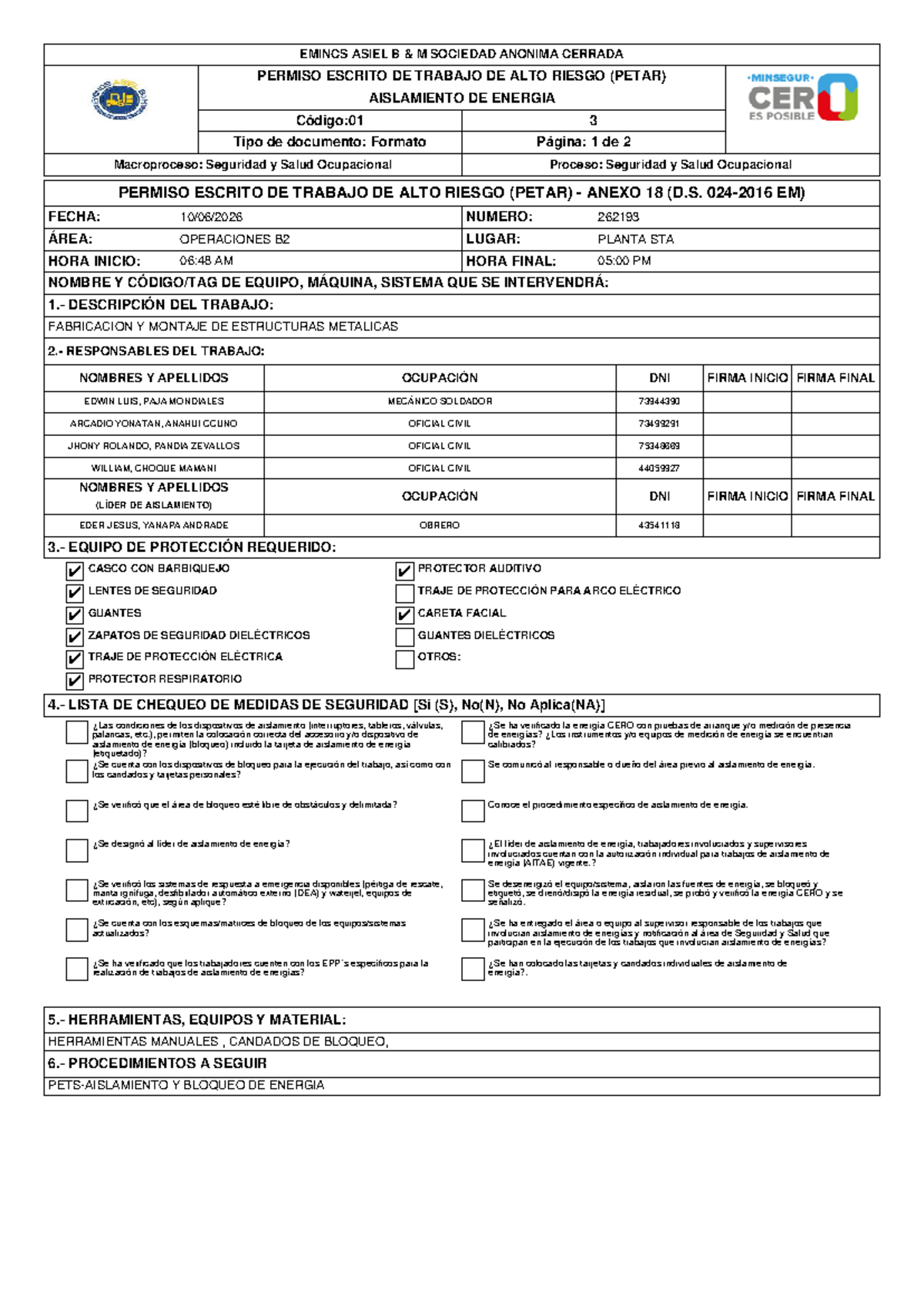 Permiso Escrito de Trabajo de Alto Riesgo (PETAR) - Aislamiento de ...