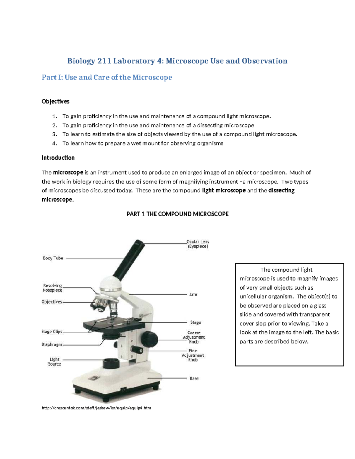BIO 211 Lab 4: Microscope Use & Care - Observations & Techniques - Studocu