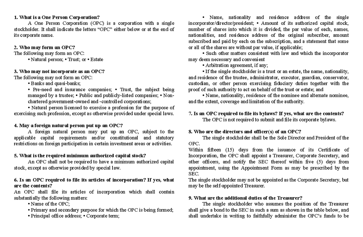 LAW OPC - Summary of One Person Corporation Regulations - Studocu