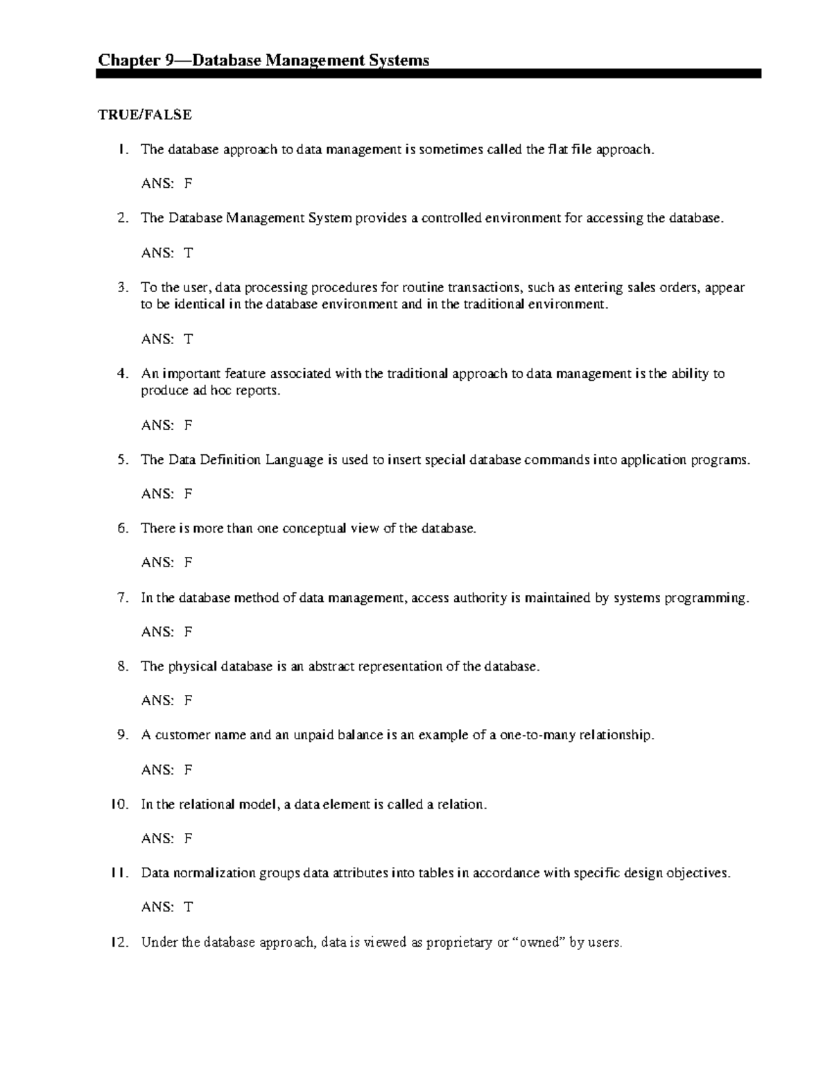 Chapter 9: Database Management Systems — True/False & Short Answers - Studocu