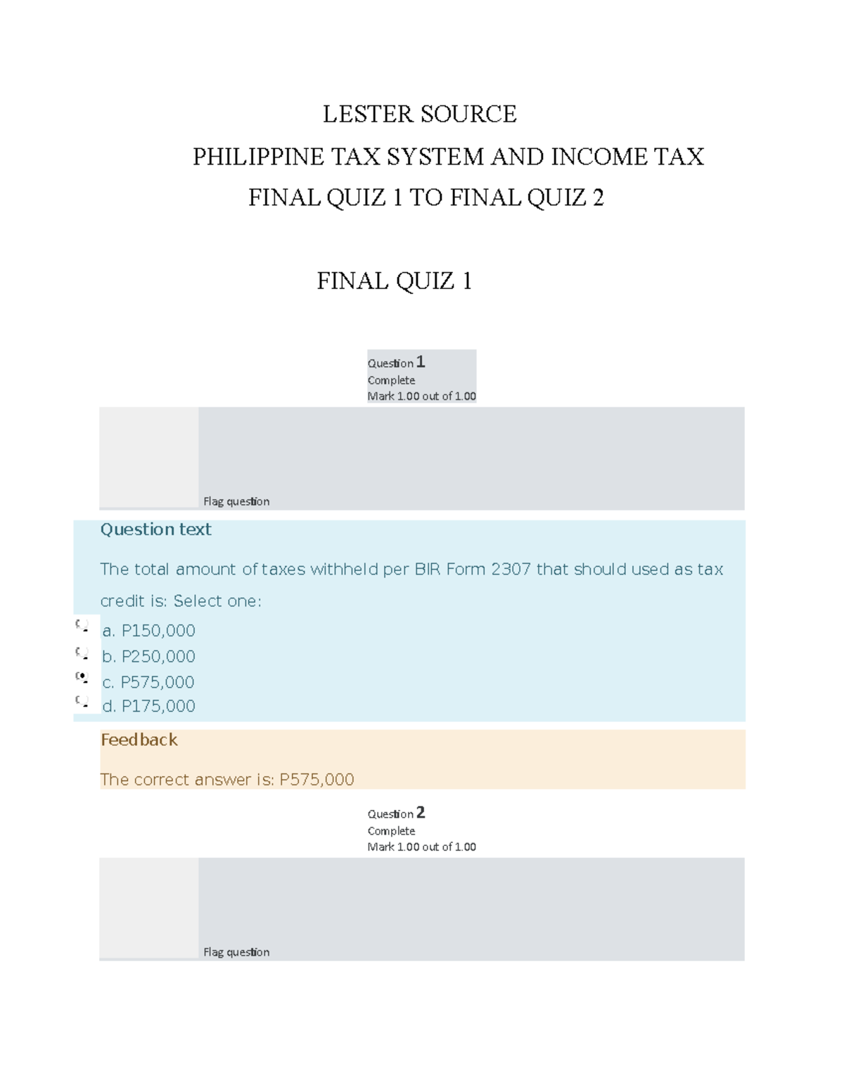Philippine Tax System & Income Tax: Final Quiz 1 & 2 Guide (FQ1 FQ2 ...