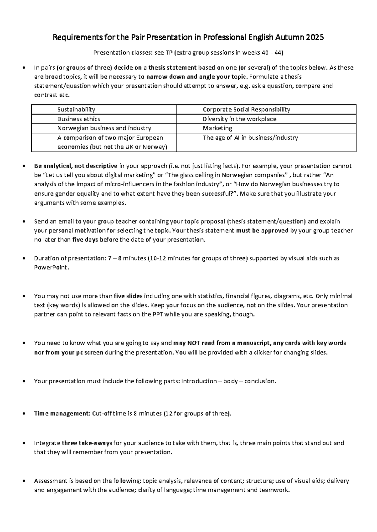 Requirements for Pair Presentation in Professional English (Autumn 2025) - Studocu