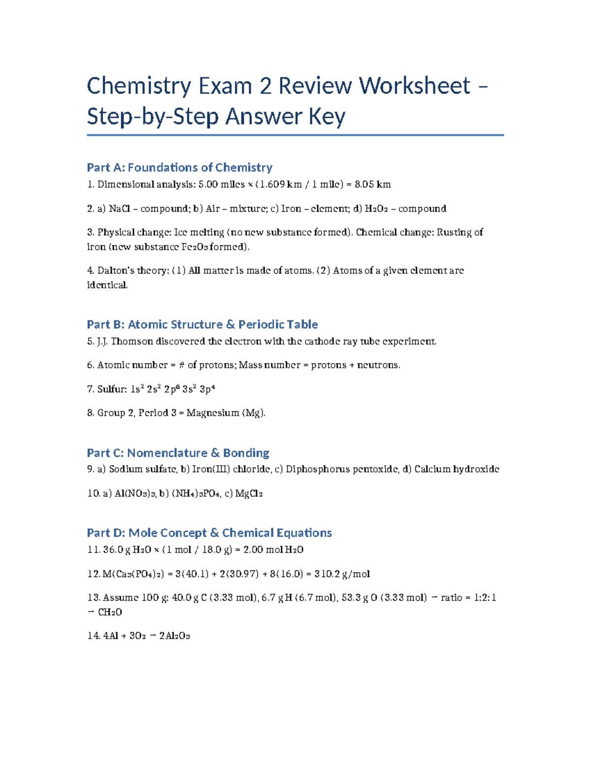 Chemistry Exam 2 Review Worksheet Answer Key - Studocu