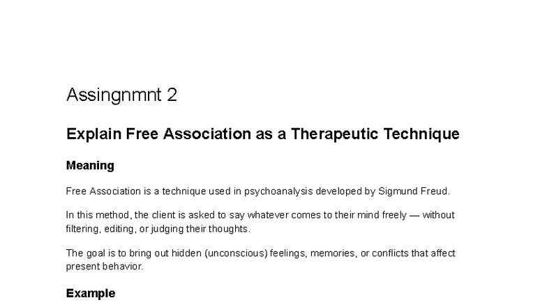 Assignment 2: Understanding Free Association in Therapy - Studocu