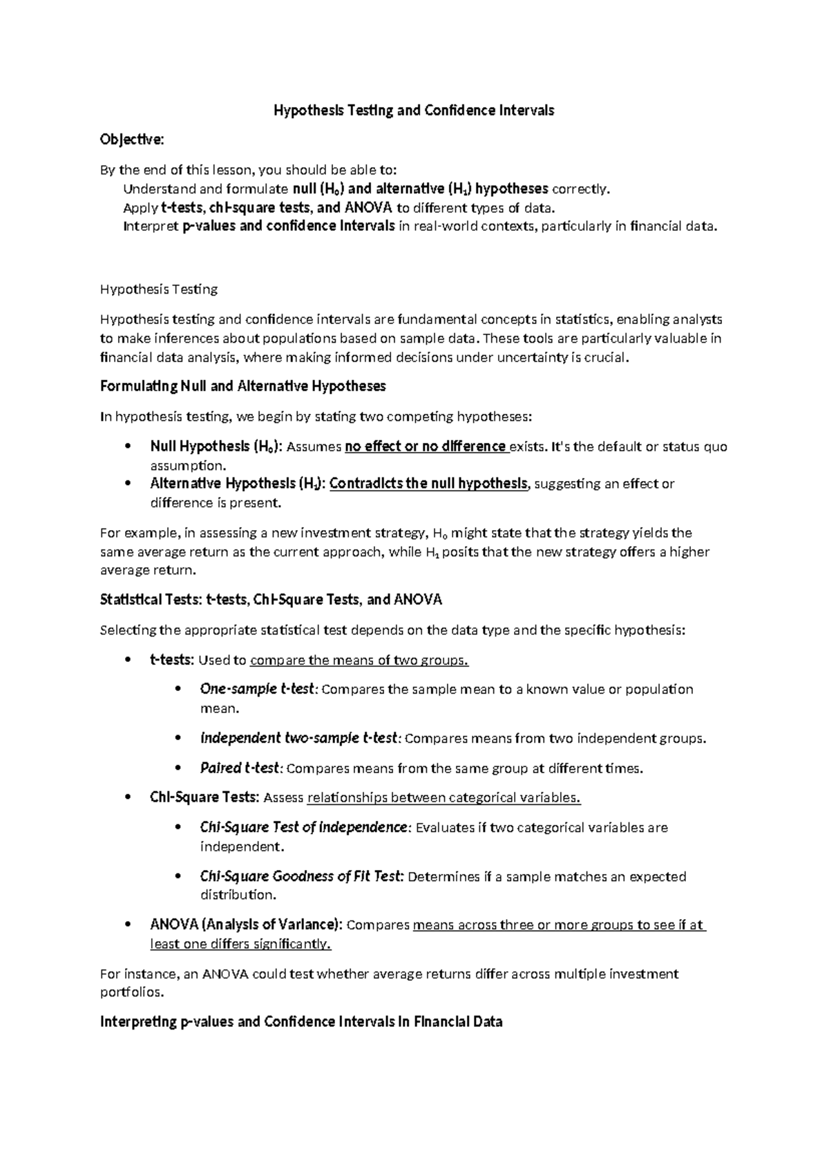 Stat 101 Hypothesis Testing Confidence Intervals Lesson Notes Studocu