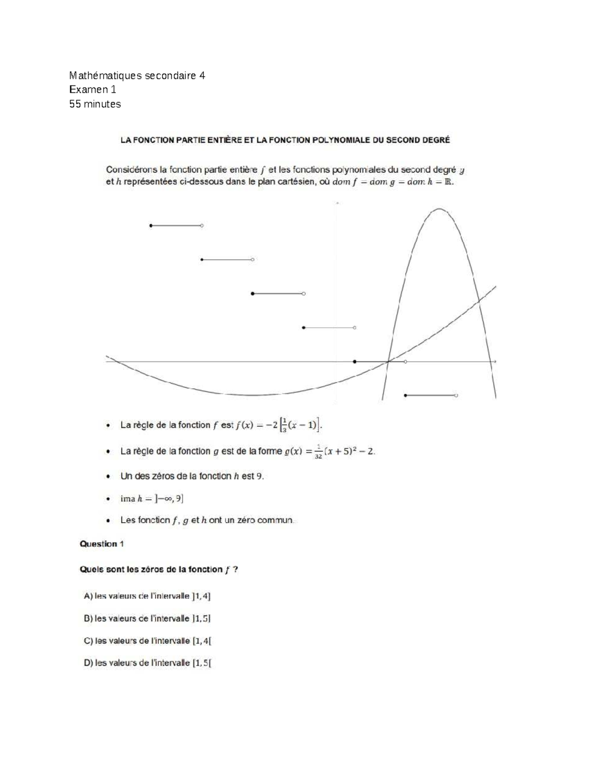 Mathématiques secondaire 4 Examen 1: Fonction Partie Entière et ...