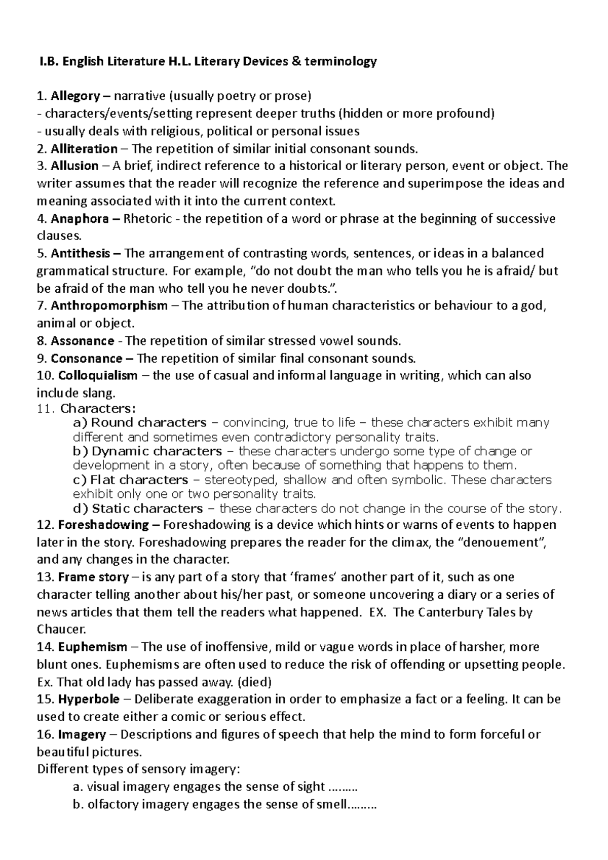 IB English Literature H.L. Key Literary Devices & Terminology - Studeersnel