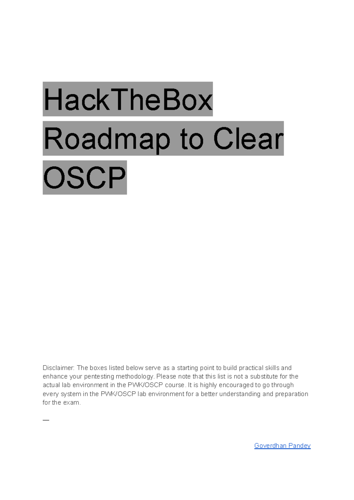 Hack The Box OSCP Preparation Roadmap and Tips - Studocu