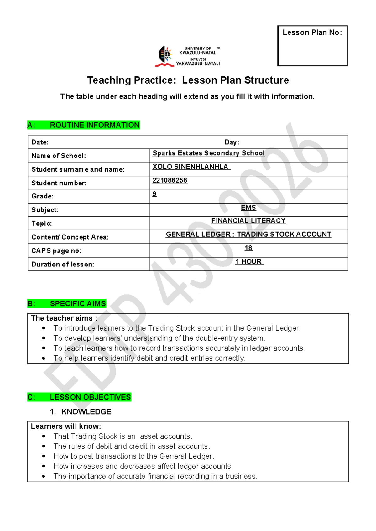Lesson Plan ACC 2026: Trading Stock Account for Grade 9 EMS - Studocu