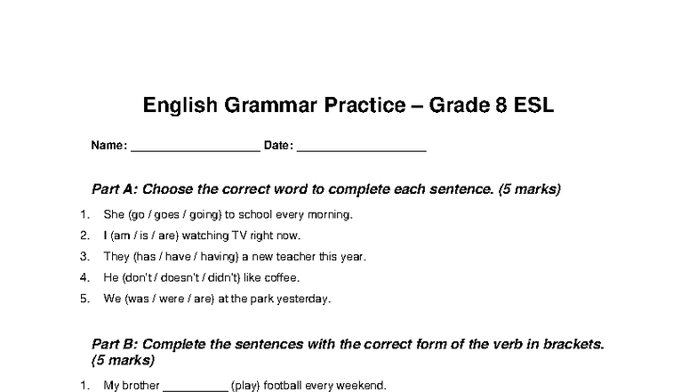 Grade 8 ESL Grammar Practice Worksheet - Studocu