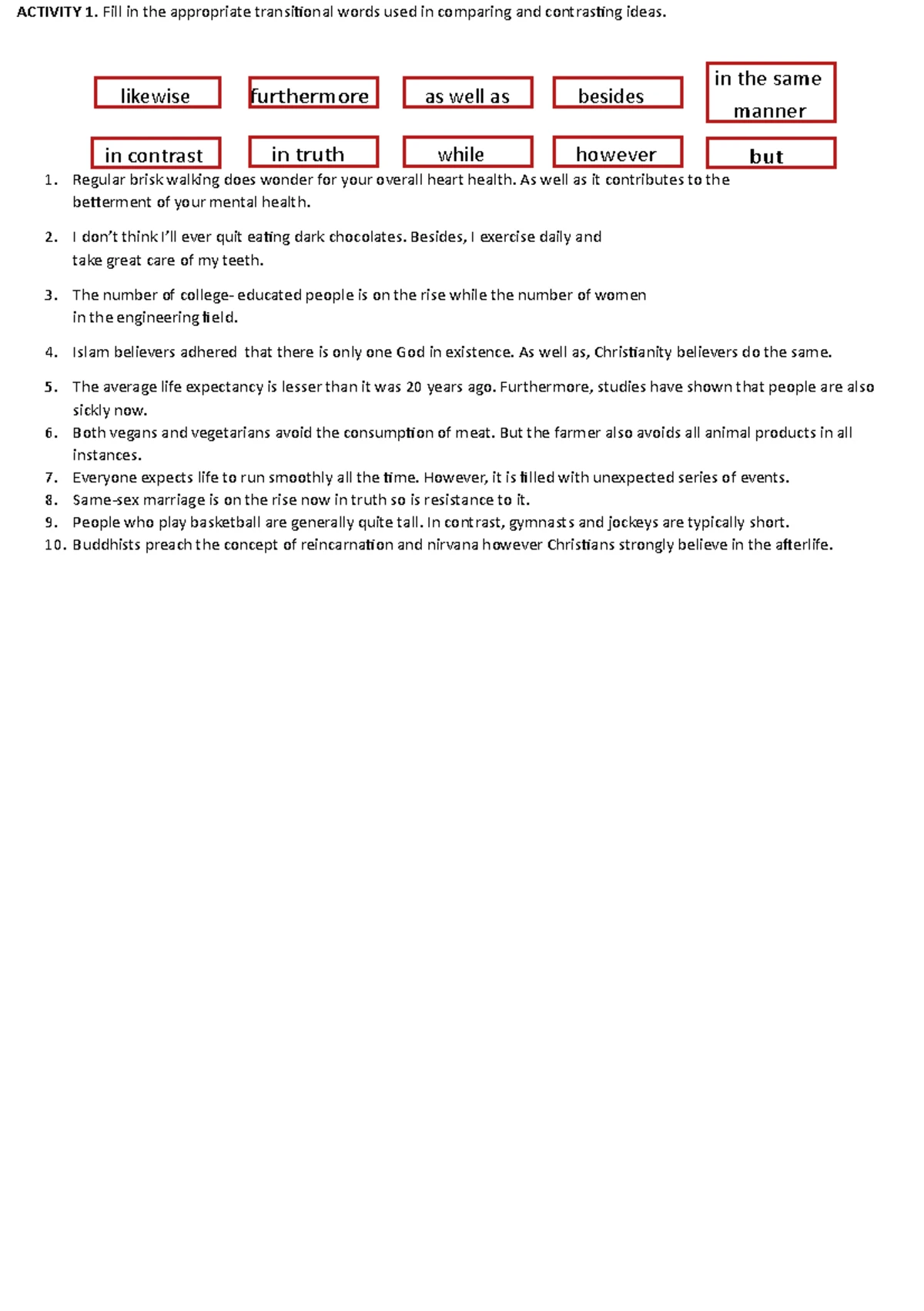 Practice Set Comparison and Contrast Rev1-Copy - Comparison and ...