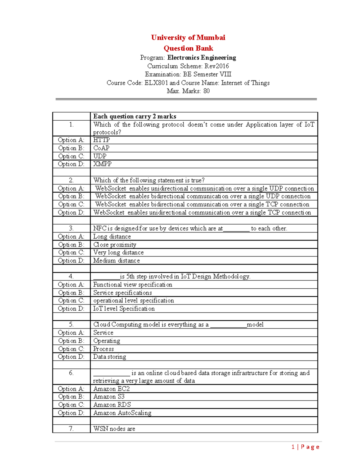 Iot sample questions - University of Mumbai Question Bank Program: Electronics Engineering - Studocu