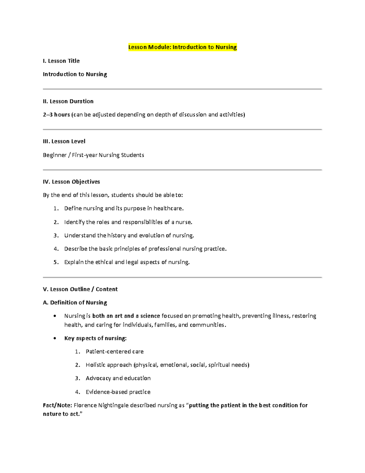 Lesson Module: Intro to Nursing II (Beginner Level) - Studocu