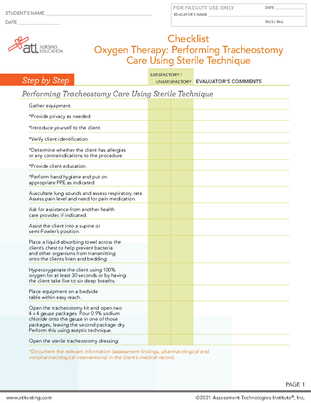 Ati Performing a Tracheostomy Care Using Sterile Technique checklist ...