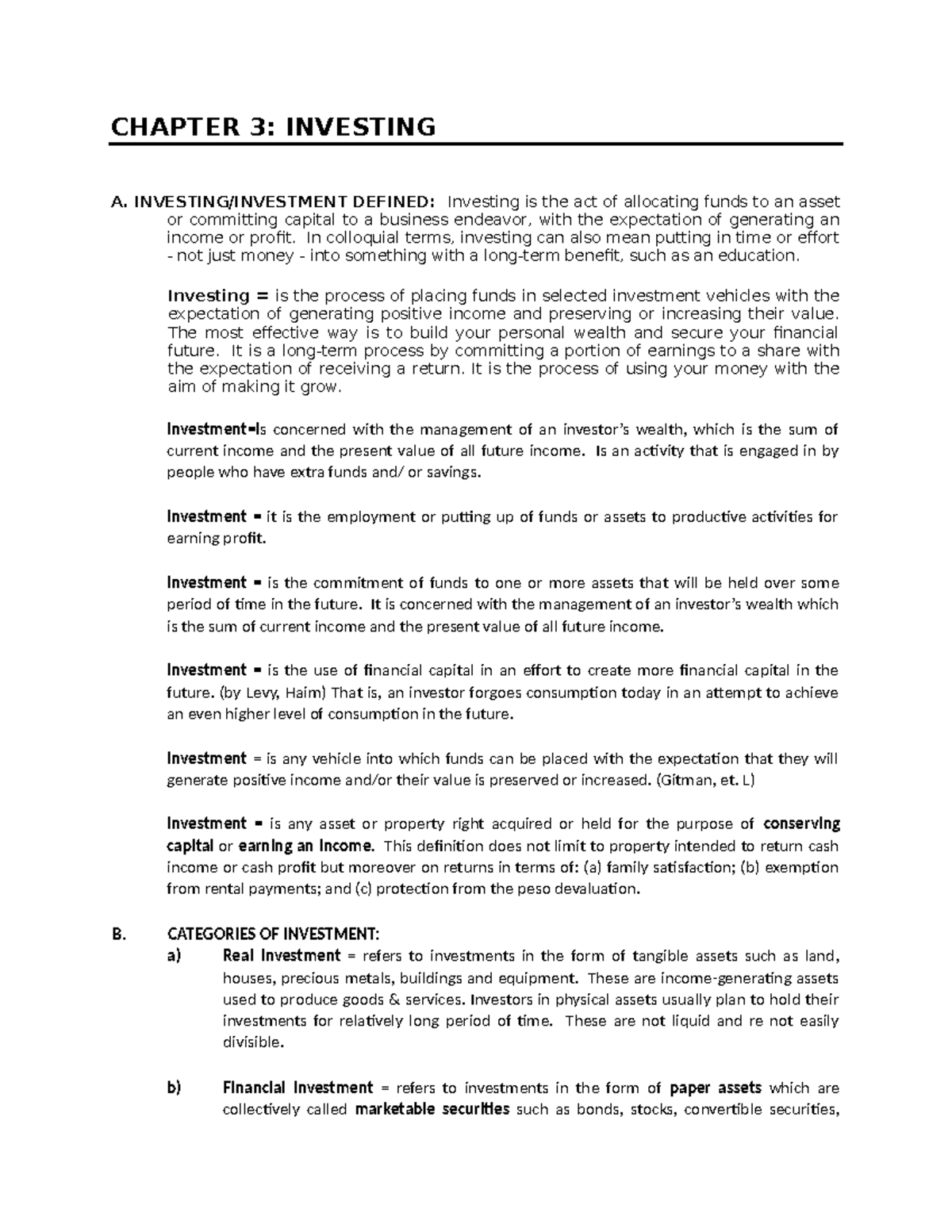 Chapter-3 - Nothing - CHAPTER 3: INVESTING A. INVESTING/INVESTMENT ...