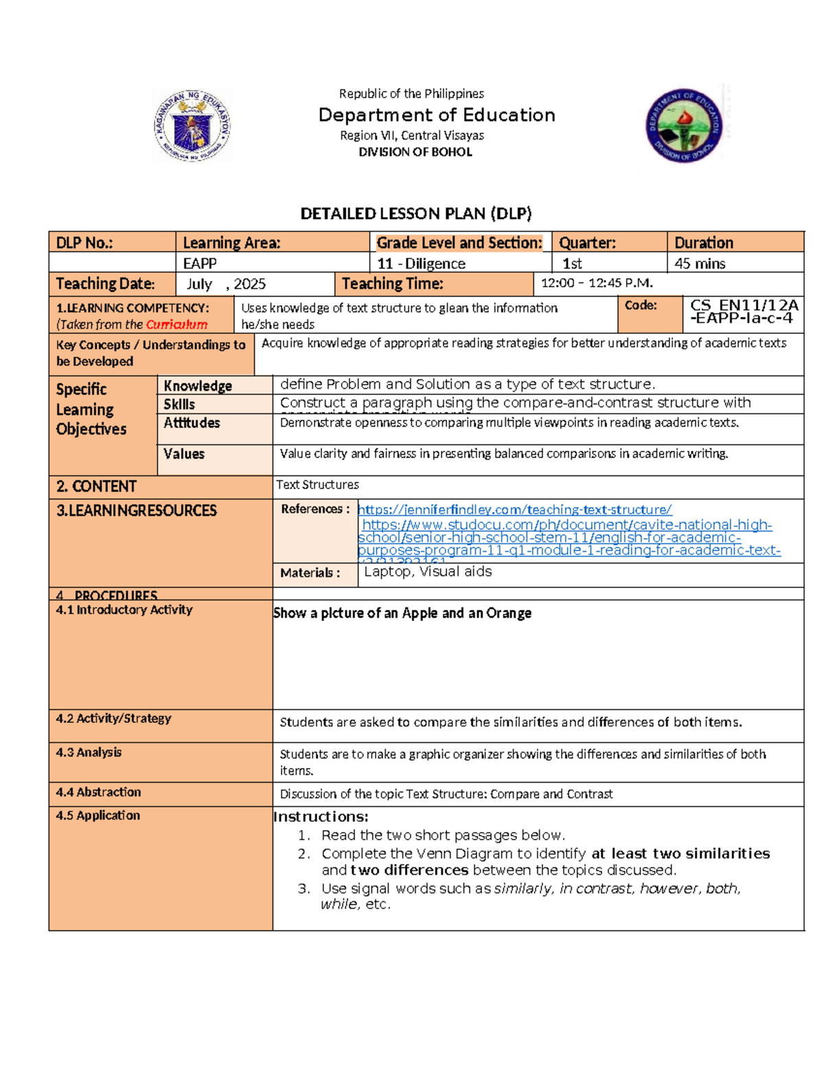 DLP: Text Structure - Compare and Contrast Lesson Plan (EAPP) - Studocu