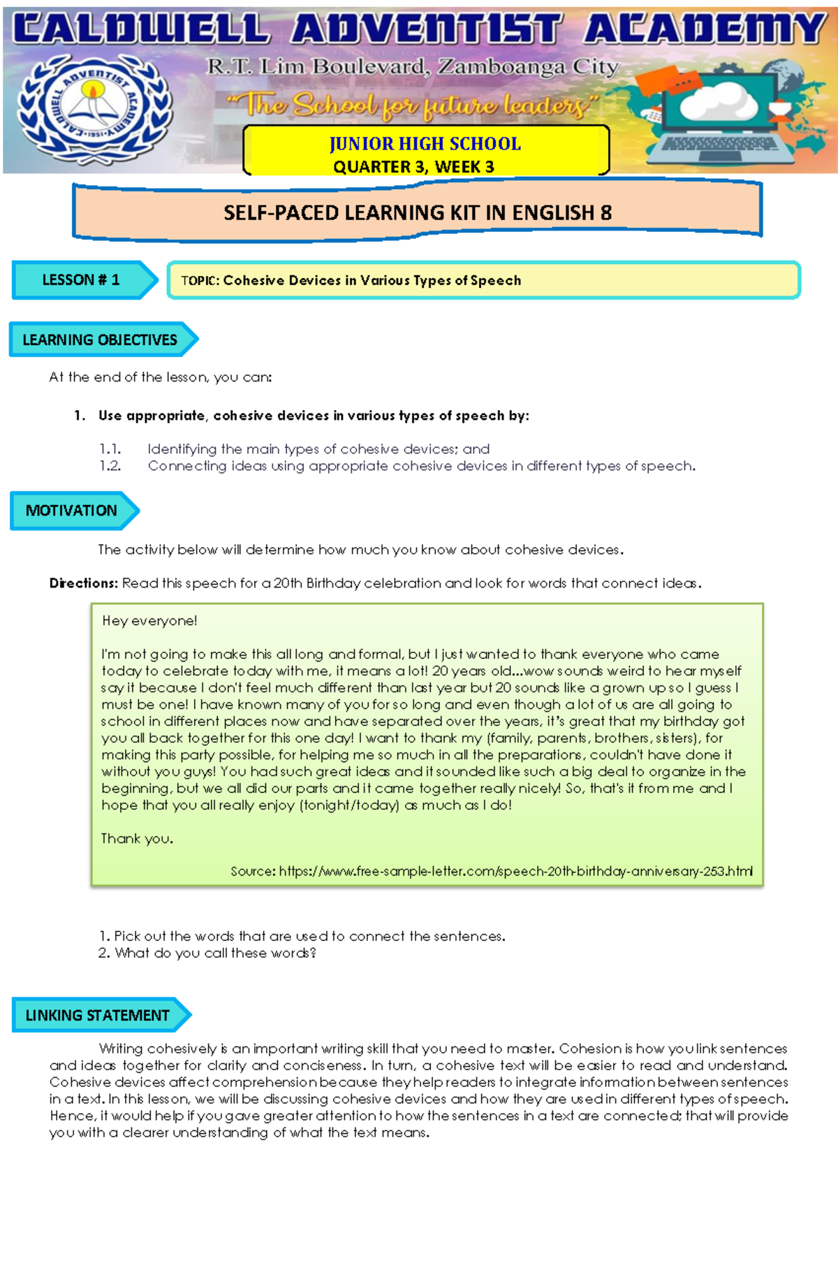 English 8 - Lesson on Cohesive Devices in Various Types of Speech - Studocu
