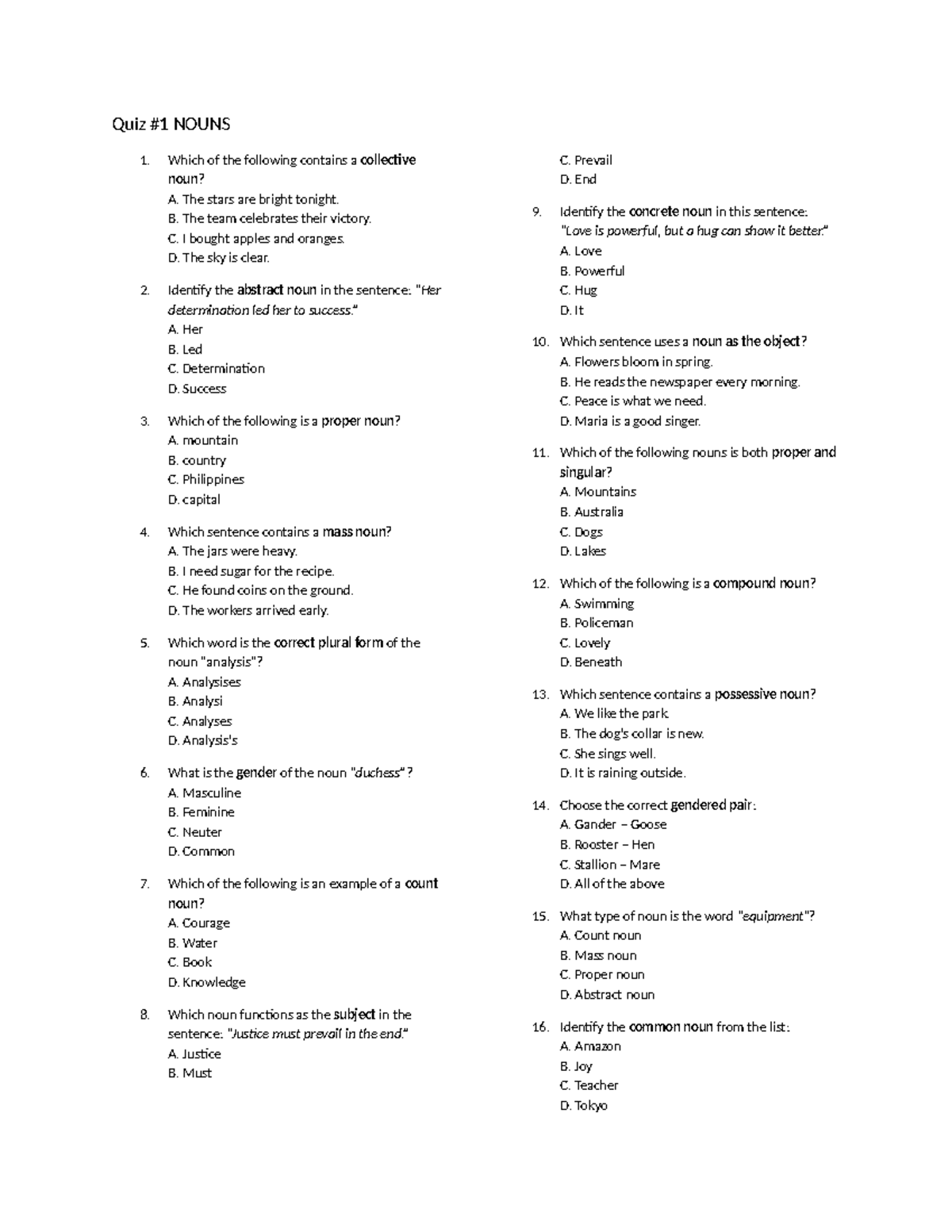 Quiz on Nouns, Gender, Grammatical Number, Verbs, Pronouns, and Adverbs ...