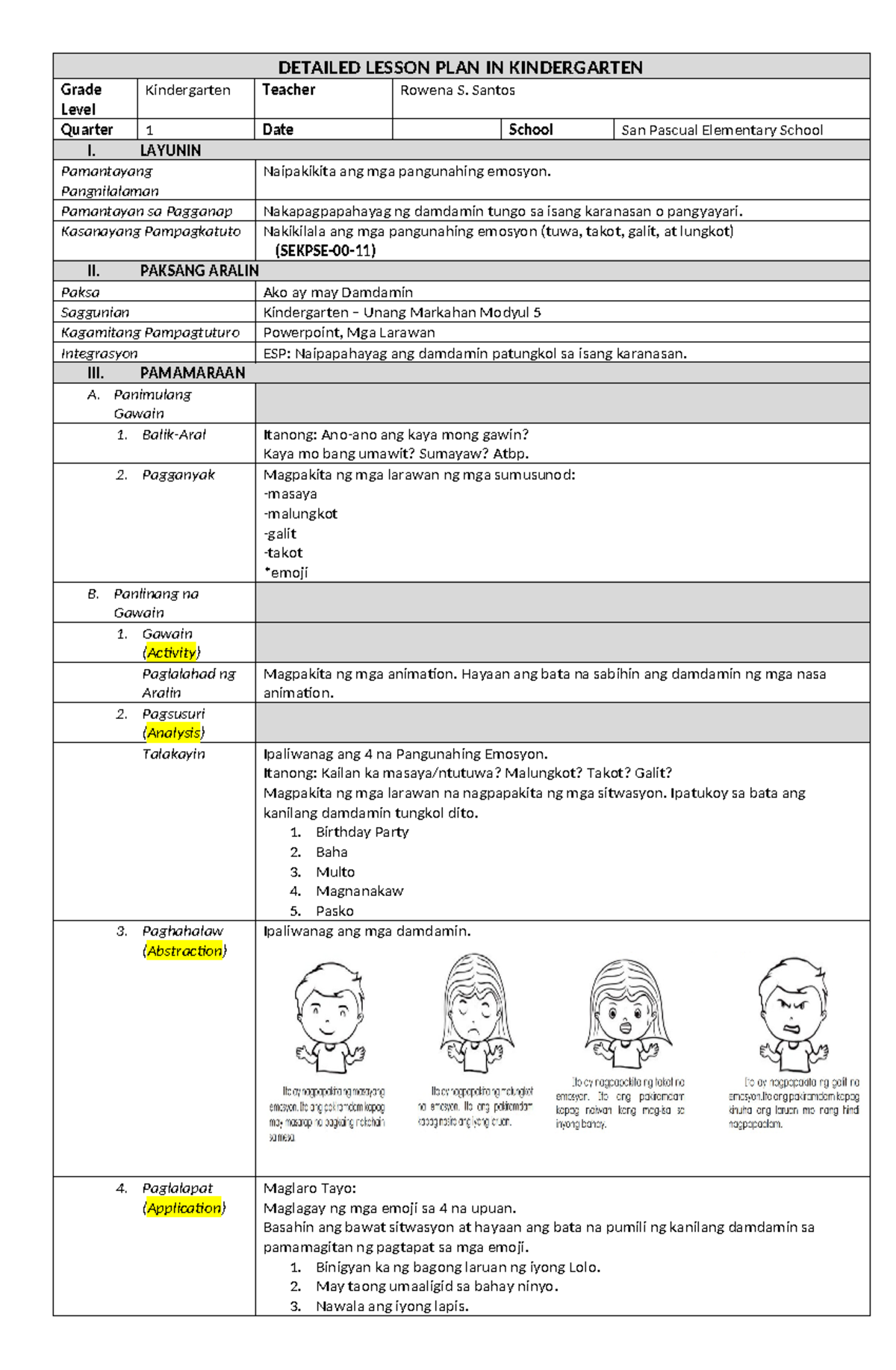 COT1 - Kindergarten Lesson Plan on Emotions: First Quarter Activities ...