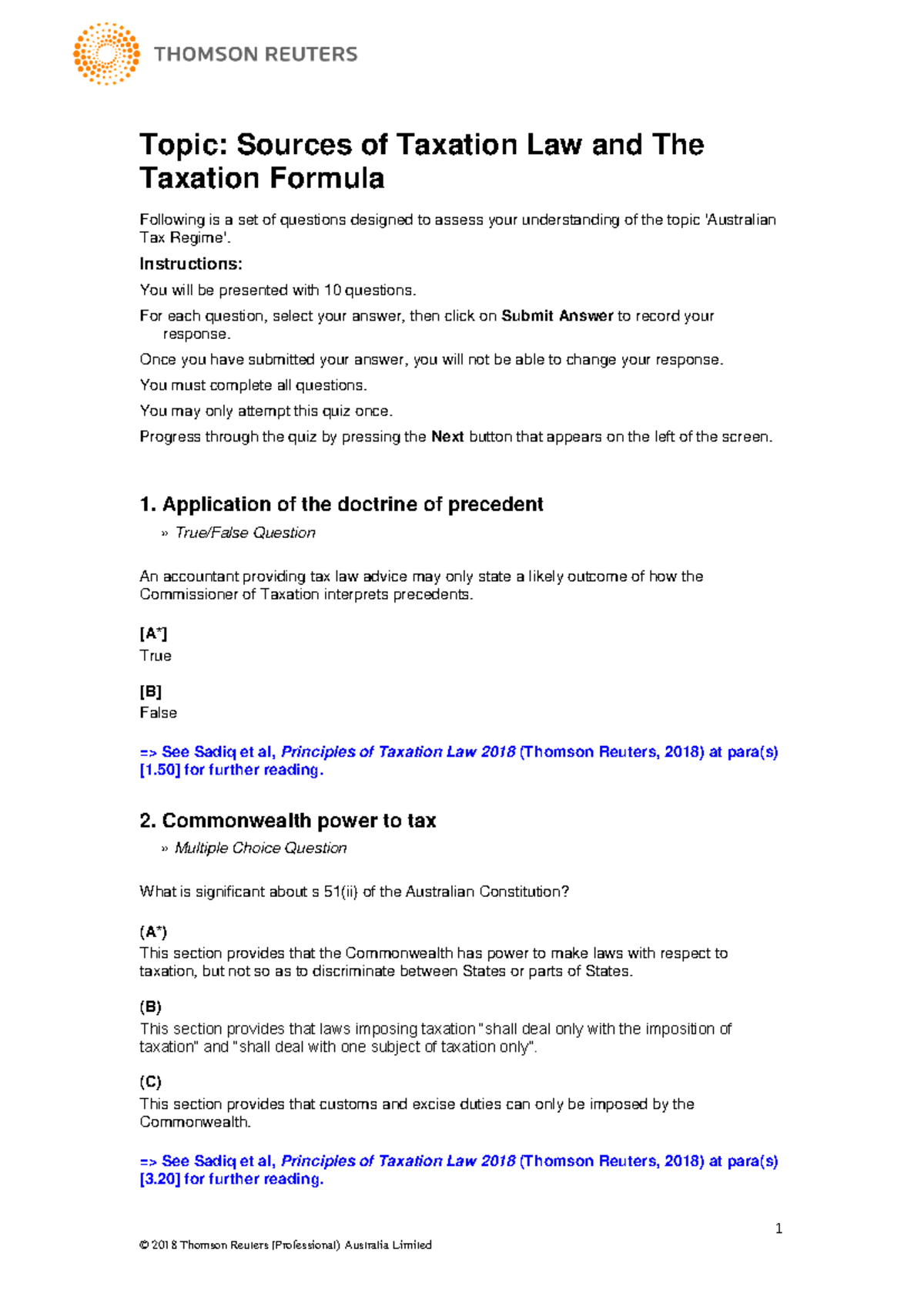 Level 1 Lecturer Answer Guide 2018 - 1 Topic: Sources of Taxation Law ...