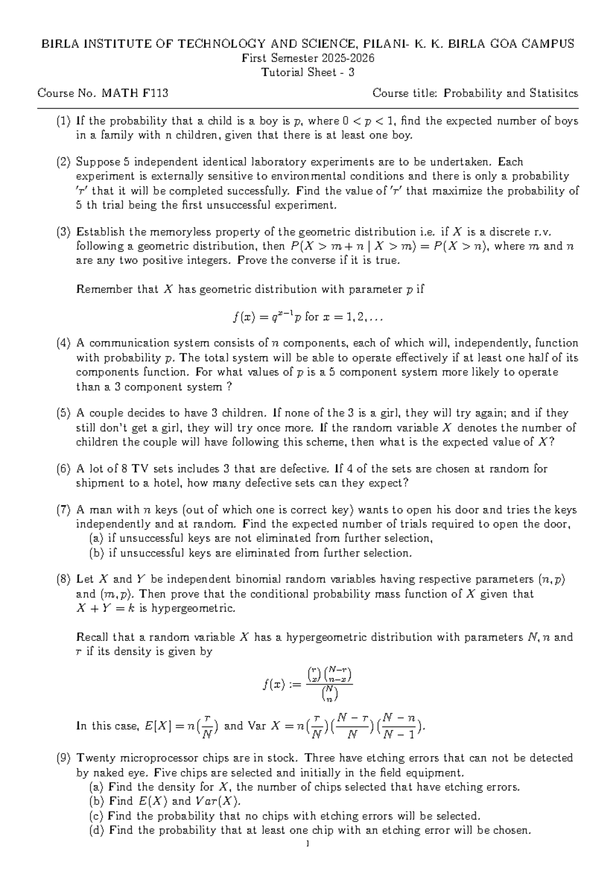 MATH F113 - Probability & Statistics Tutorial Sheet 3 - Studocu