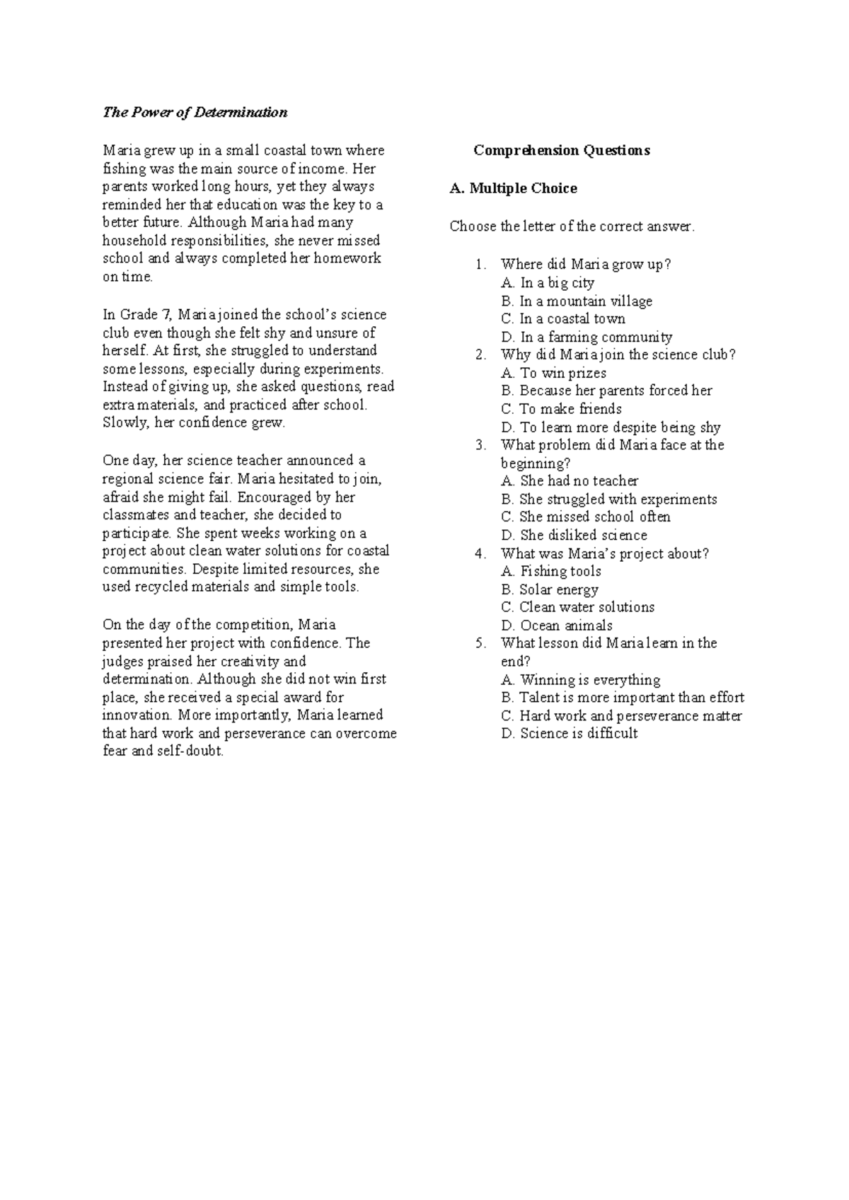 The Power of Determination: Maria's Journey in Science (Essay Notes ...