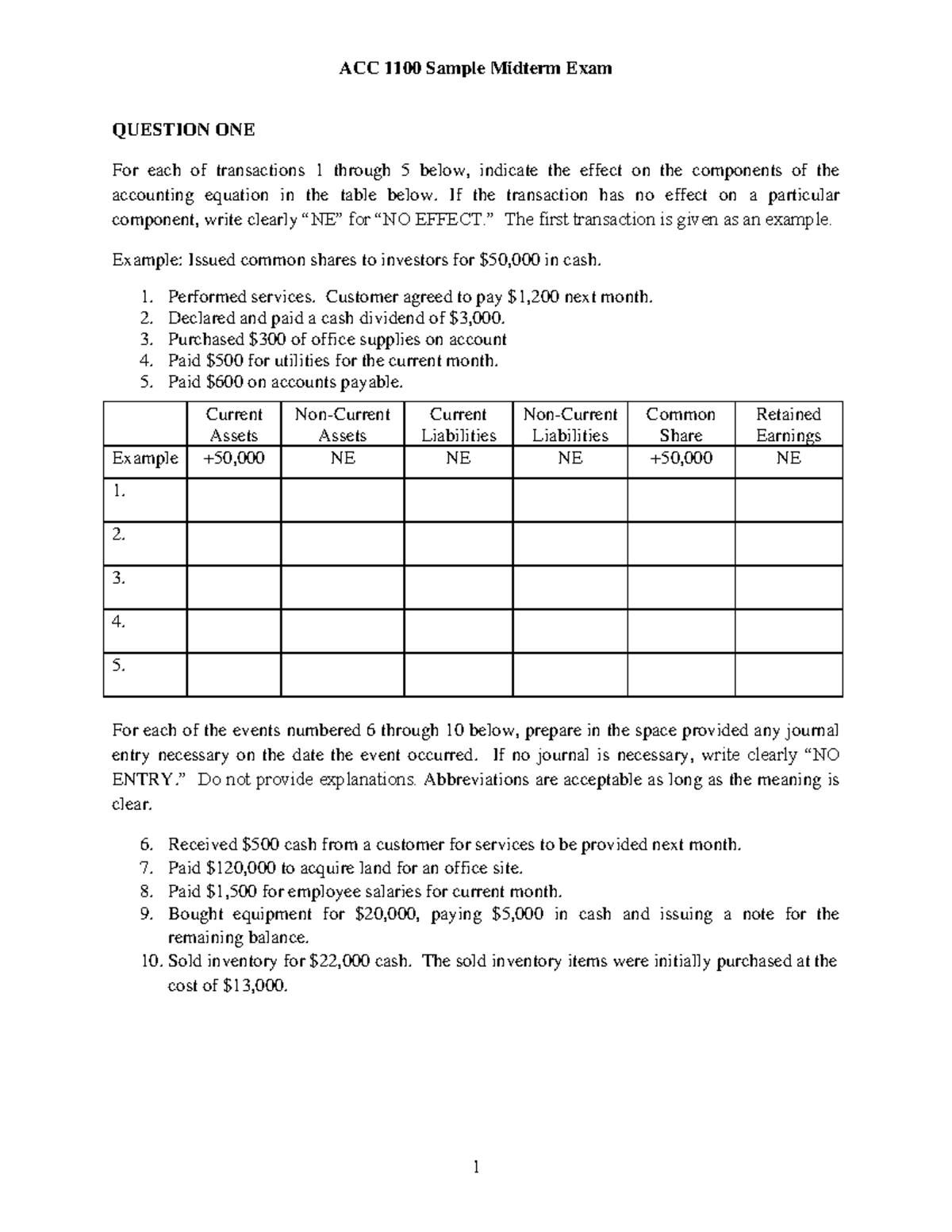 ACC 1100 Sample Midterm Exam with Solutions - Studocu