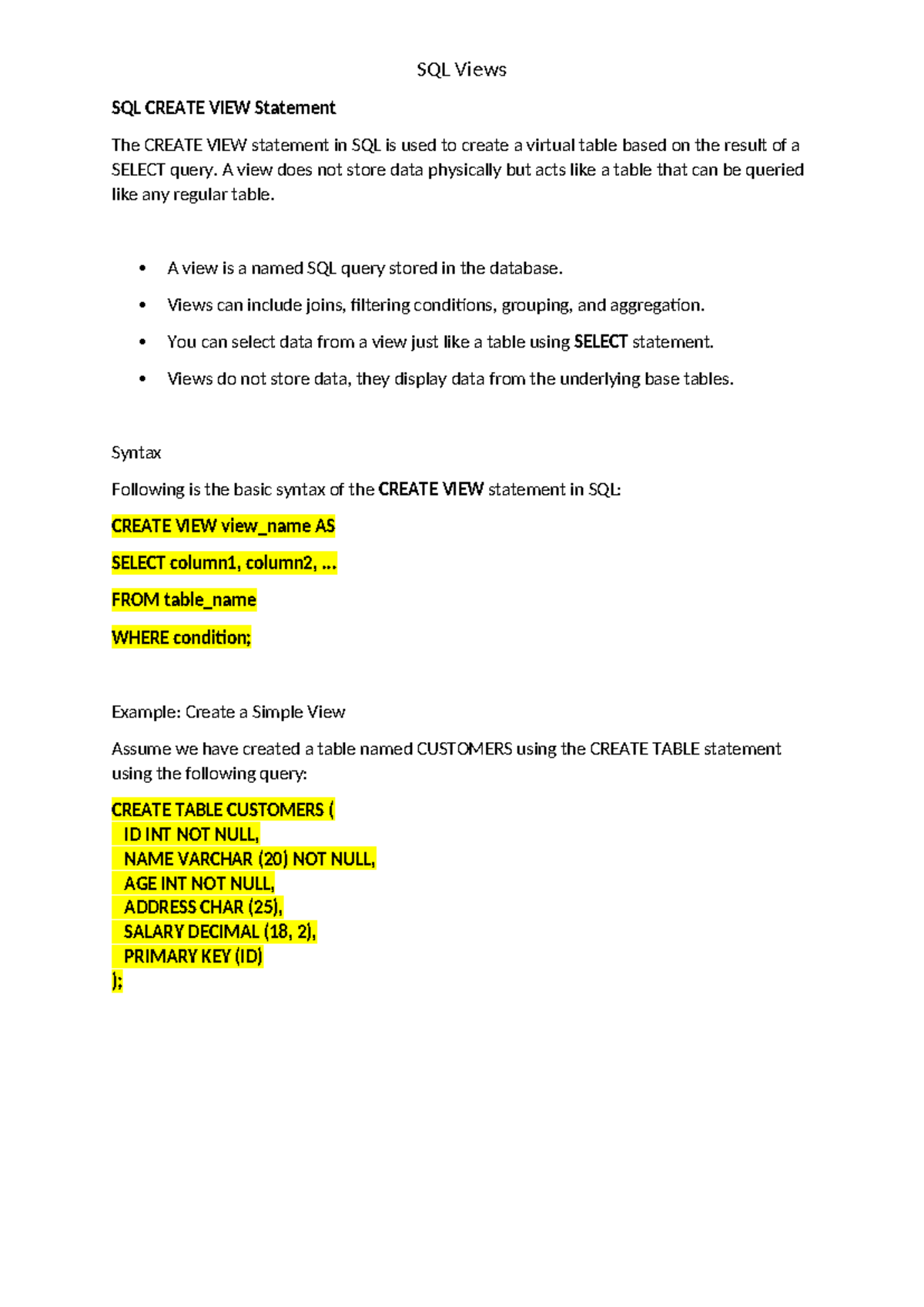 SQL Views: Understanding CREATE VIEW Statement and Usage - Studocu