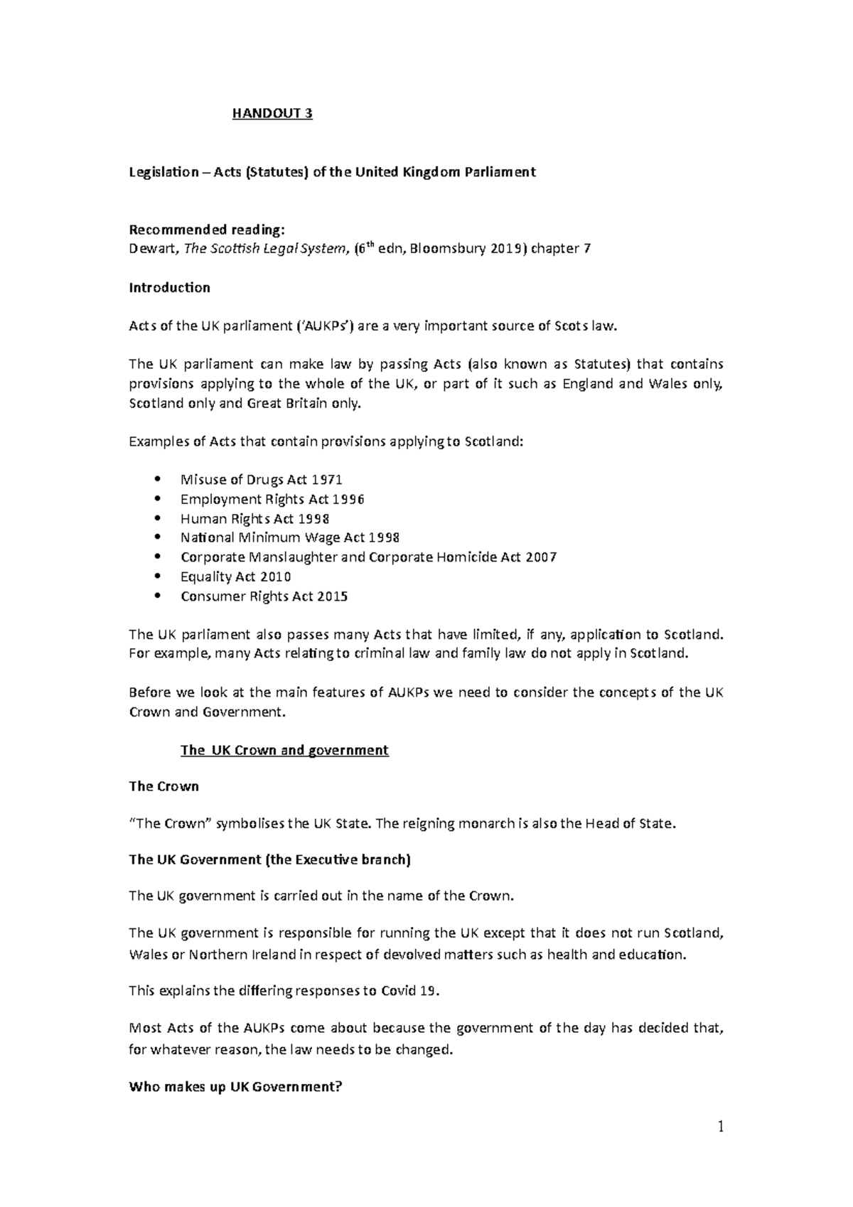 Handout 3 Acts of UK Parliament - HANDOUT 3 Legislation – Acts ...