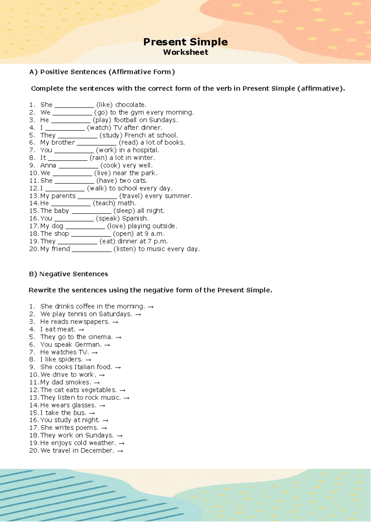 Present Simple Worksheet A) Positive, Negative, Questions & Verb Forms ...