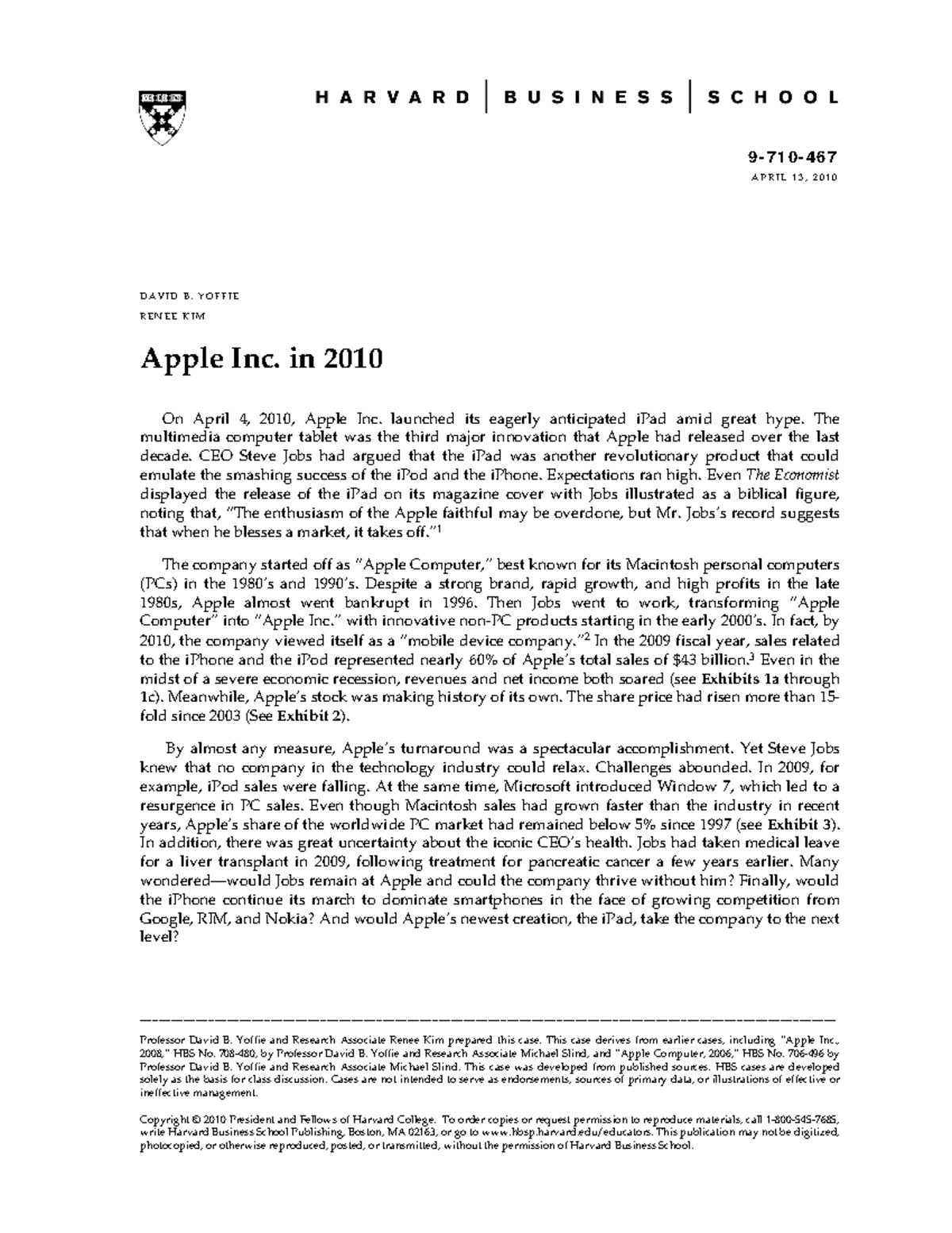 Caso 1: Apple Inc. Case Study Analysis 710-467 (2010) - Studocu