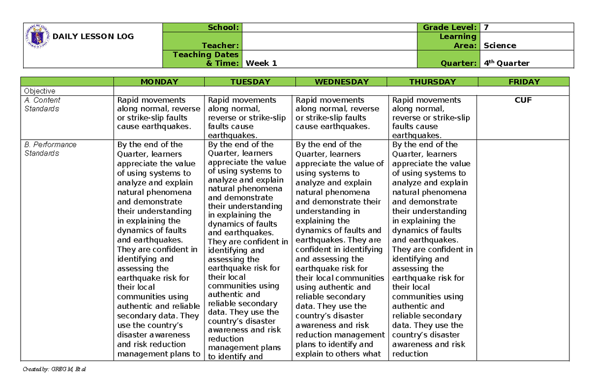 Science 7 Q4 WEEK 1 - Daily lesson log - DAILY LESSON LOG School: Grade ...