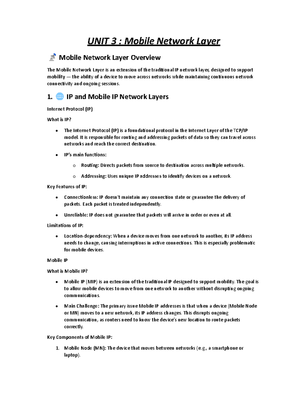 MC 6TH SEM Notes: Mobile Network Layer Overview and Concepts - Studocu