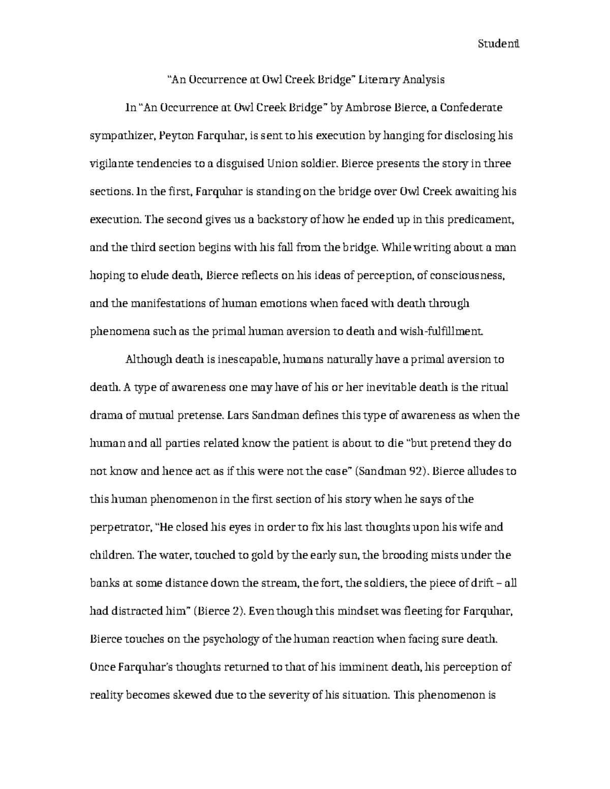 ENG 101: Literary Analysis of "Occurrence at Owl Creek" by Bierce - Studocu