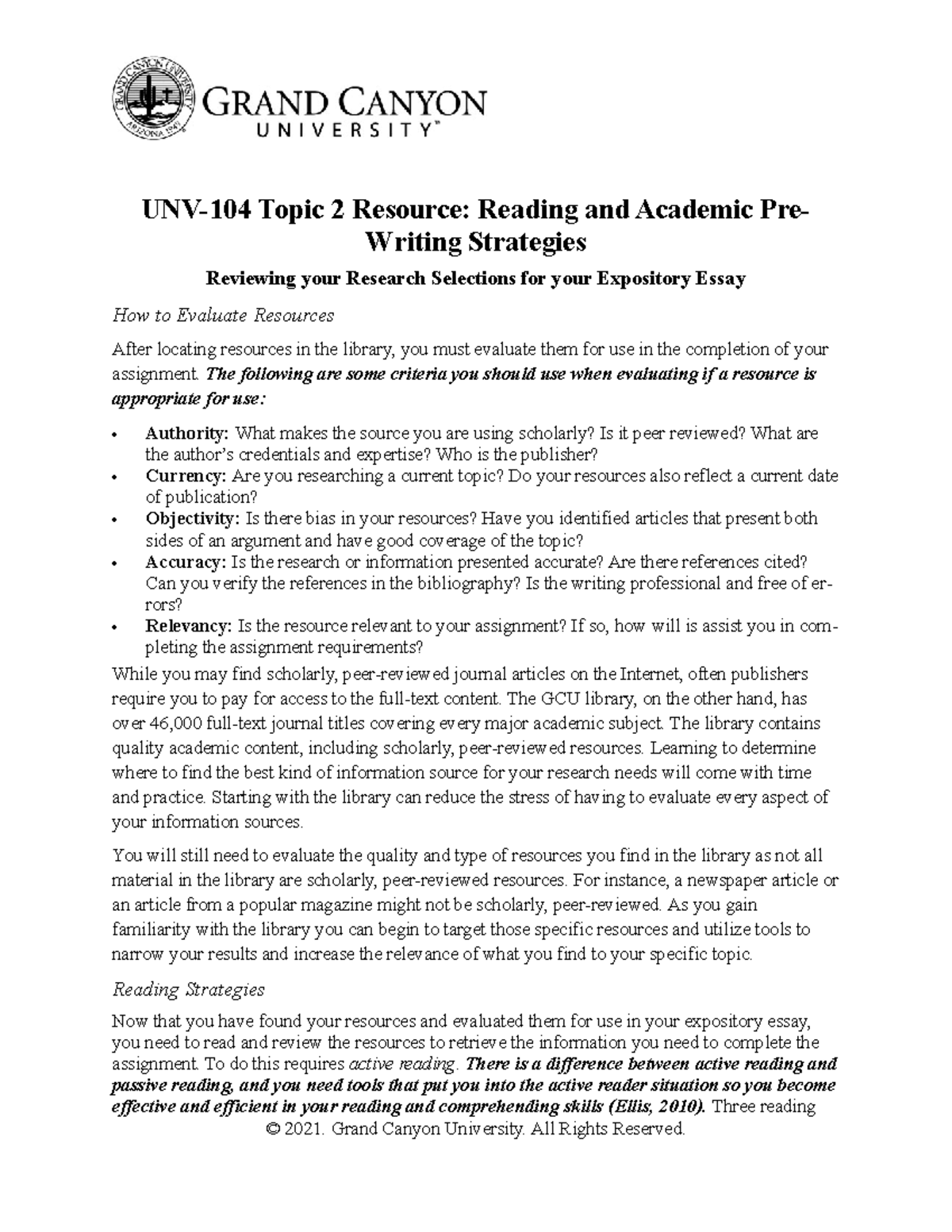UNV 104 T2 Resource: Evaluating and Reading Strategies for Essays - Studocu
