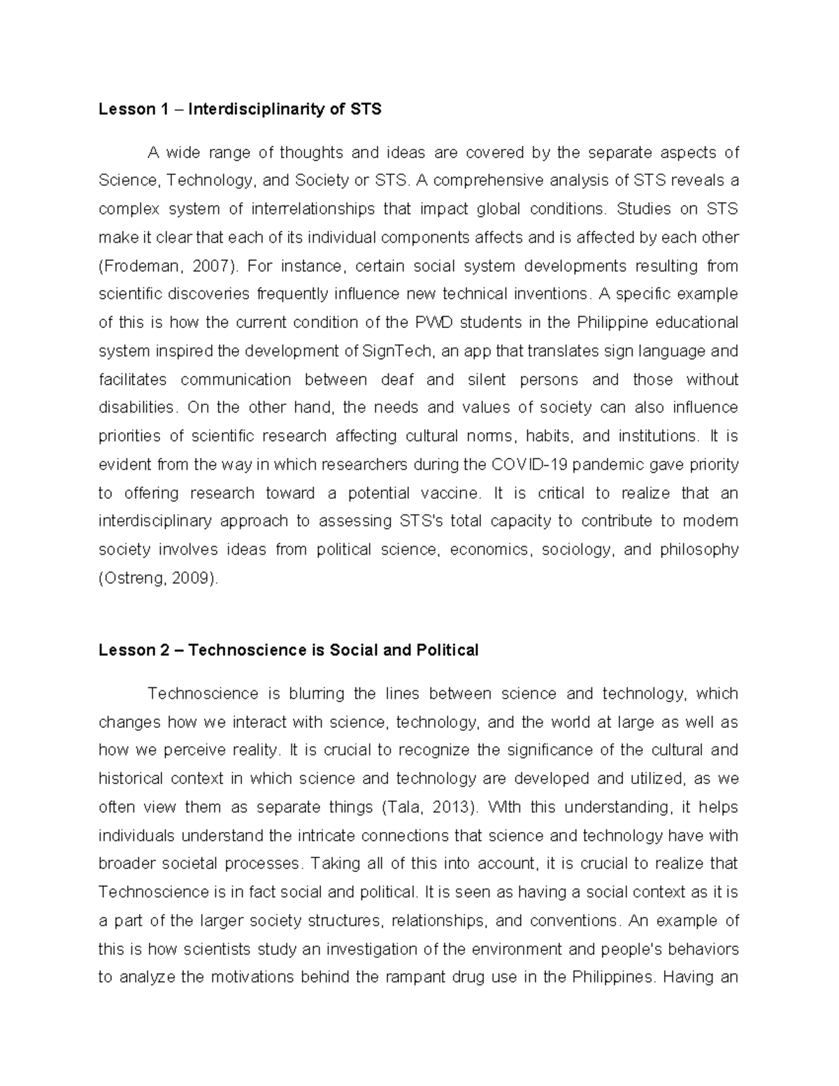 Science, Technology, and Society (STS) Reflection Paper - Lesson 1 – Interdisciplinarity of STS ...