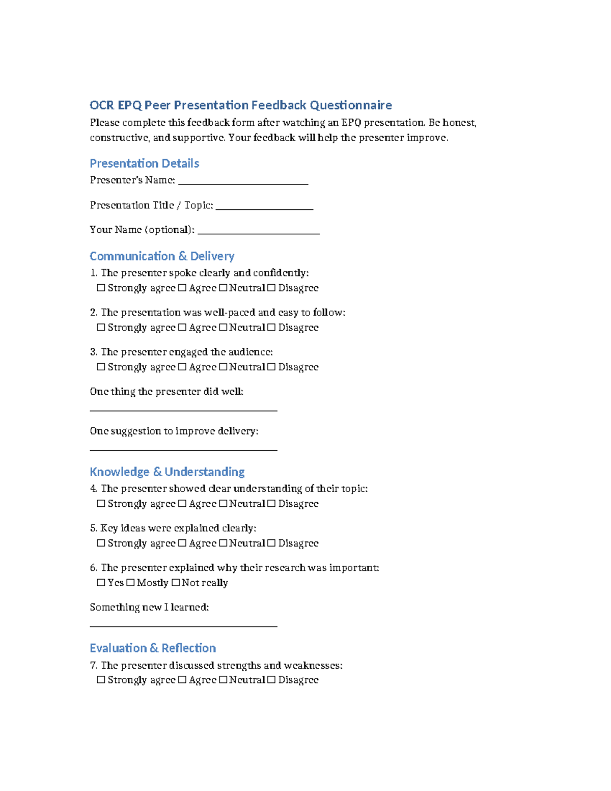OCR EPQ Peer Presentation Feedback Questionnaire Form - Studocu