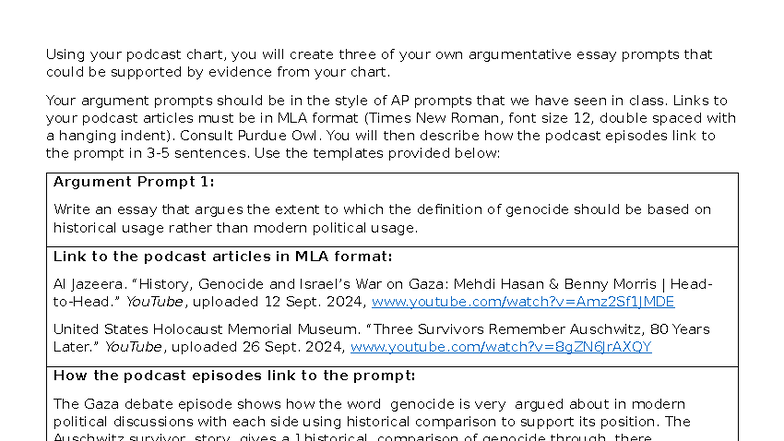 Podcast Chart Final Assignment 2025: Argumentative Essay Prompts - Studocu